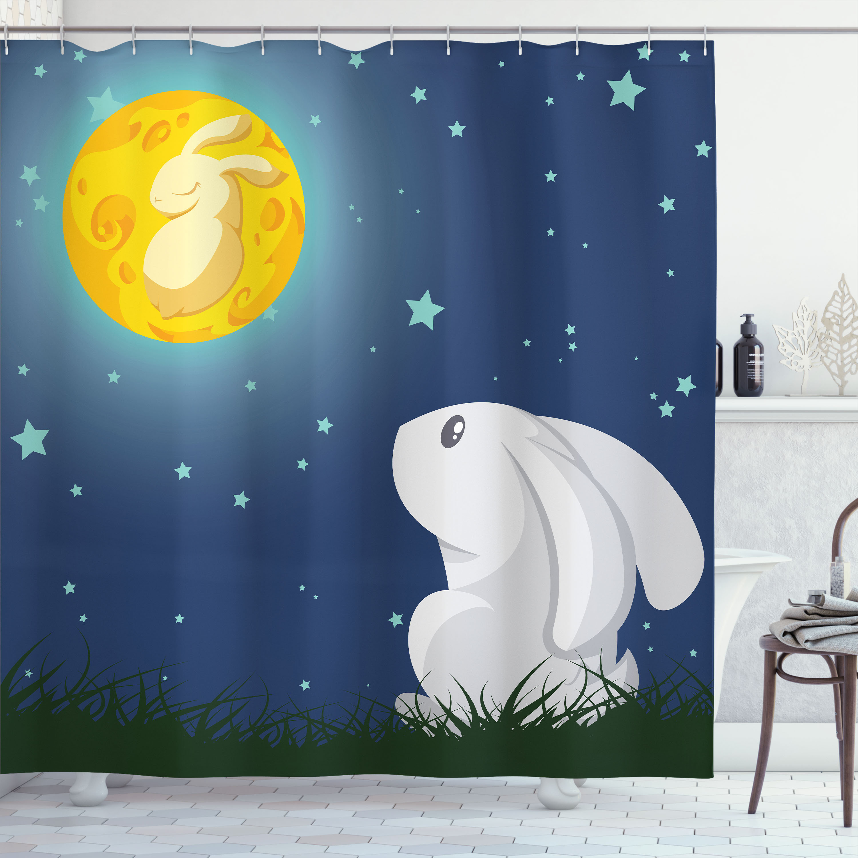 East Urban Home Bunny Shower Curtain Thinking Staring at the Moon ...