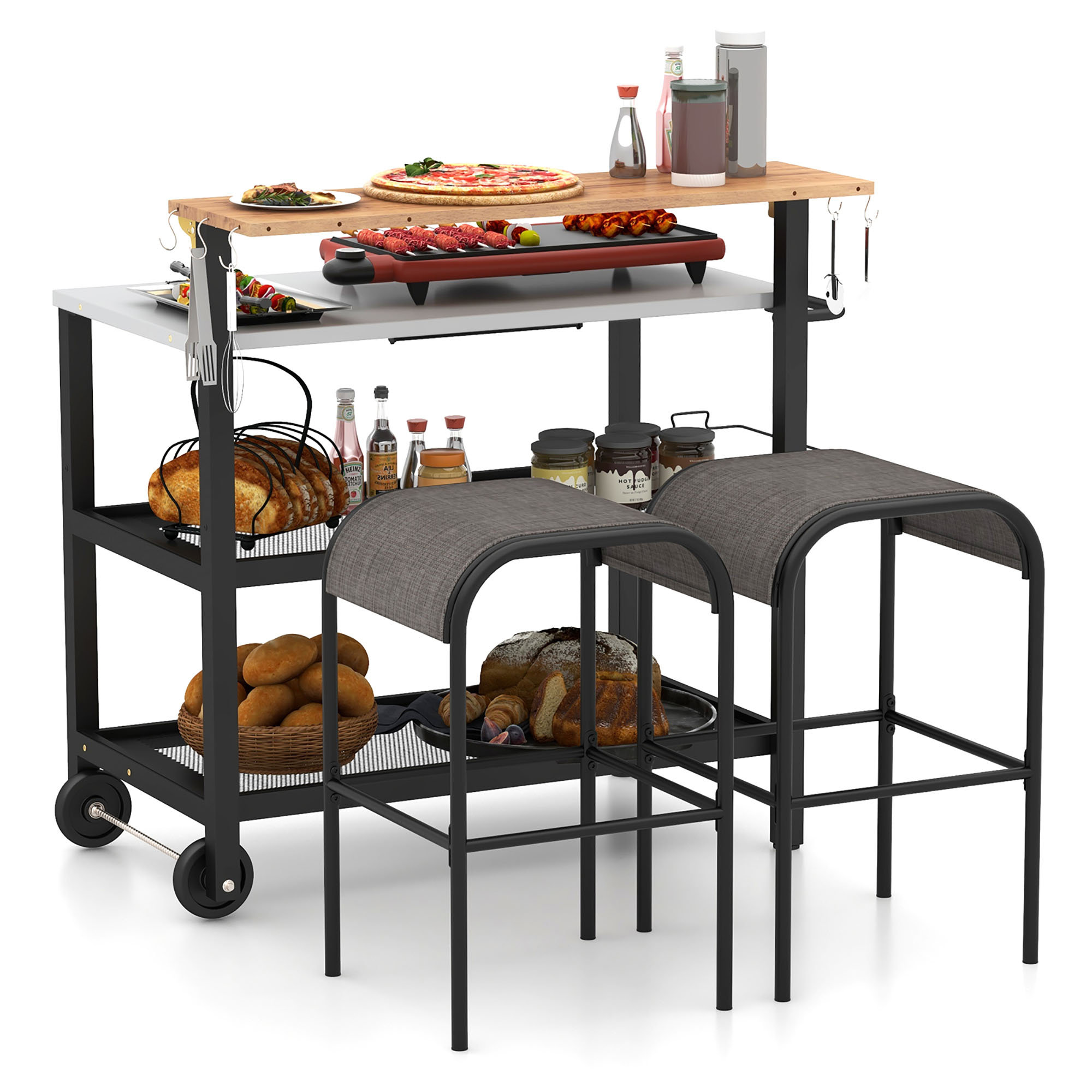 Ebern Designs Rolling Bar Cart W/ Flip-up Table Hooks Paper Towel ...