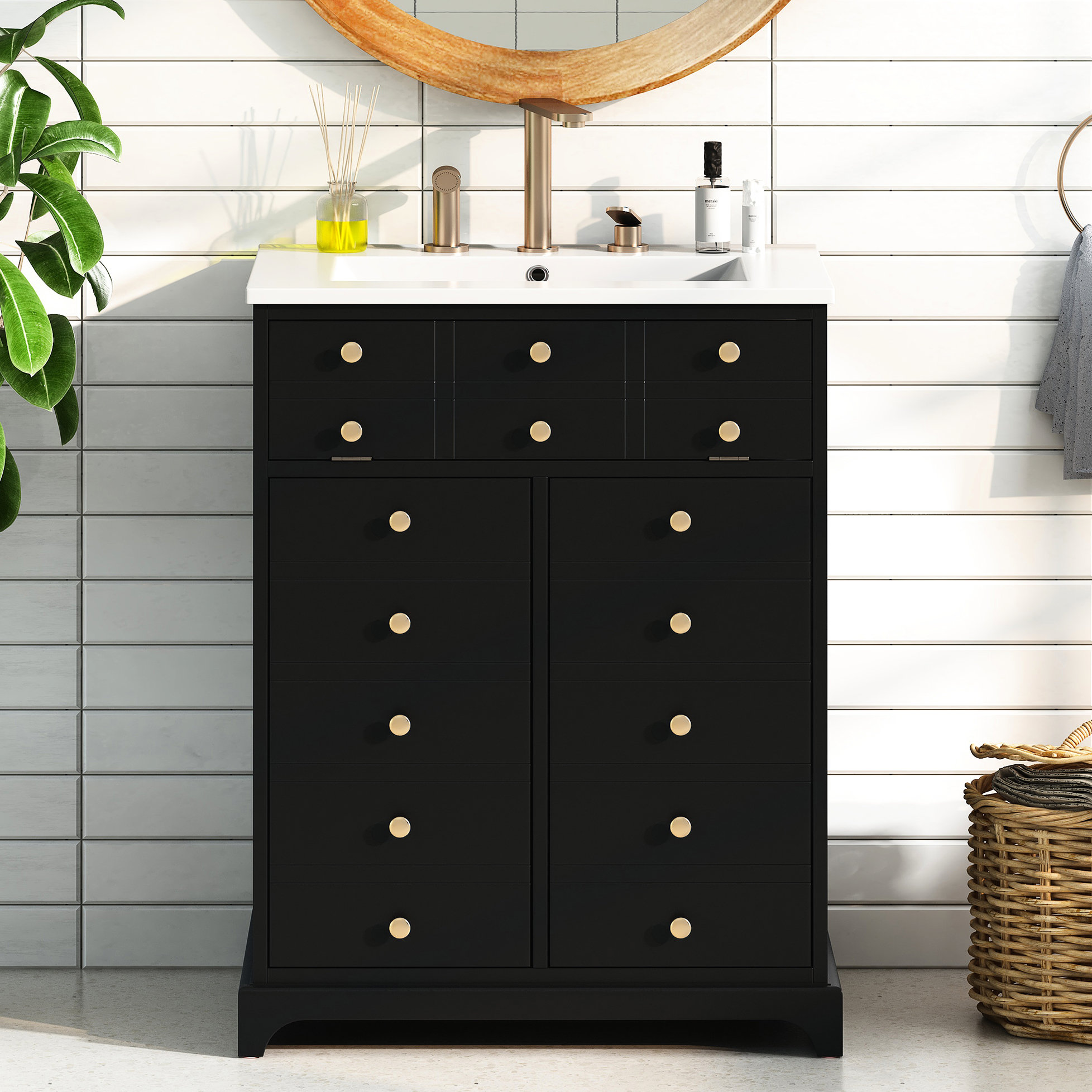 Ebern Designs 24" Bathroom Vanity With Elegant Gold Handles, Smooth ...