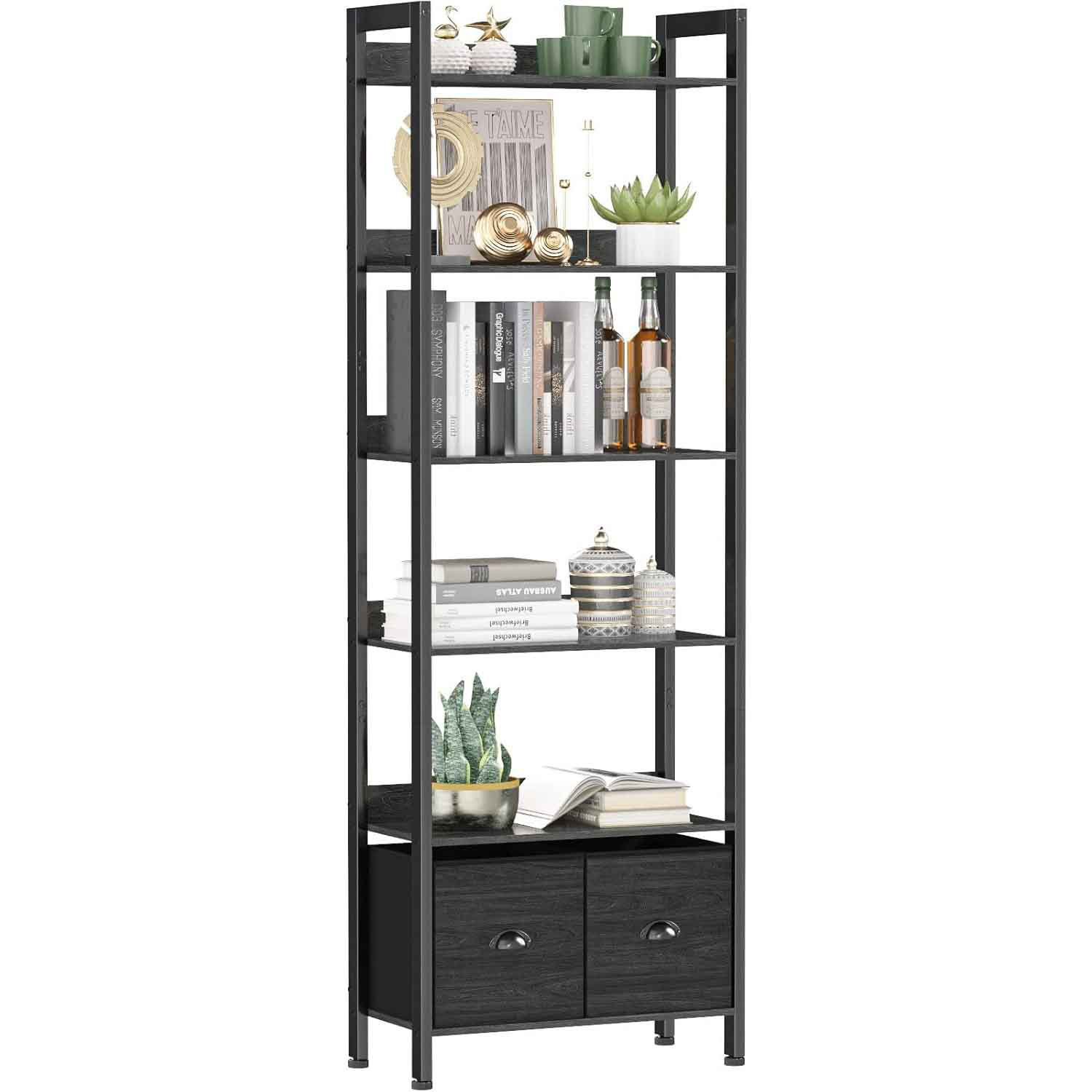 Latitude Run® 6-Layer Bookshelf With Drawers, 71-Inch High Bookshelf ...