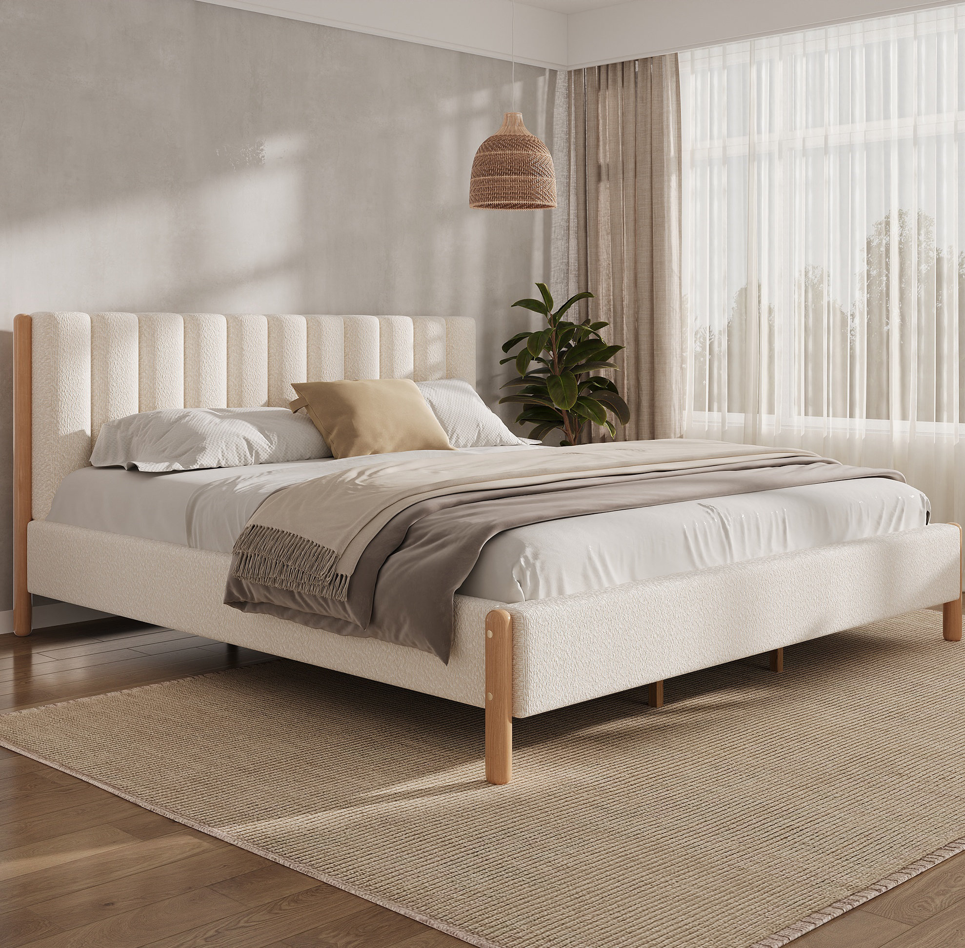 Latitude Run® Bed Frame with Boucle Upholstered Thick Headboard, Solid ...