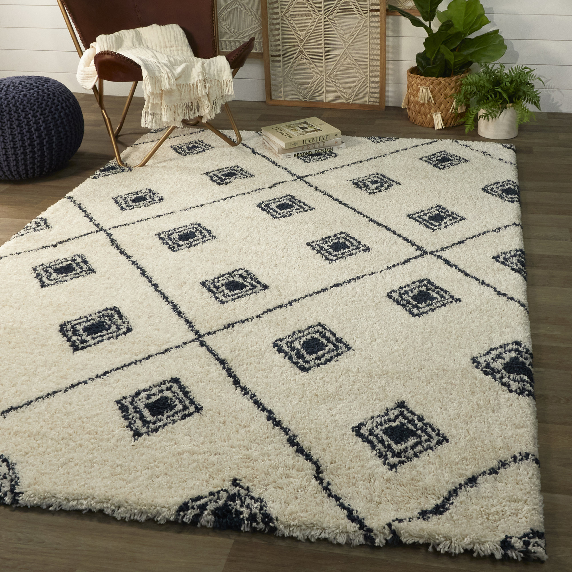 Wrought Studio™ Sandnes Morrocan Blue/Off White Area Rug | Wayfair