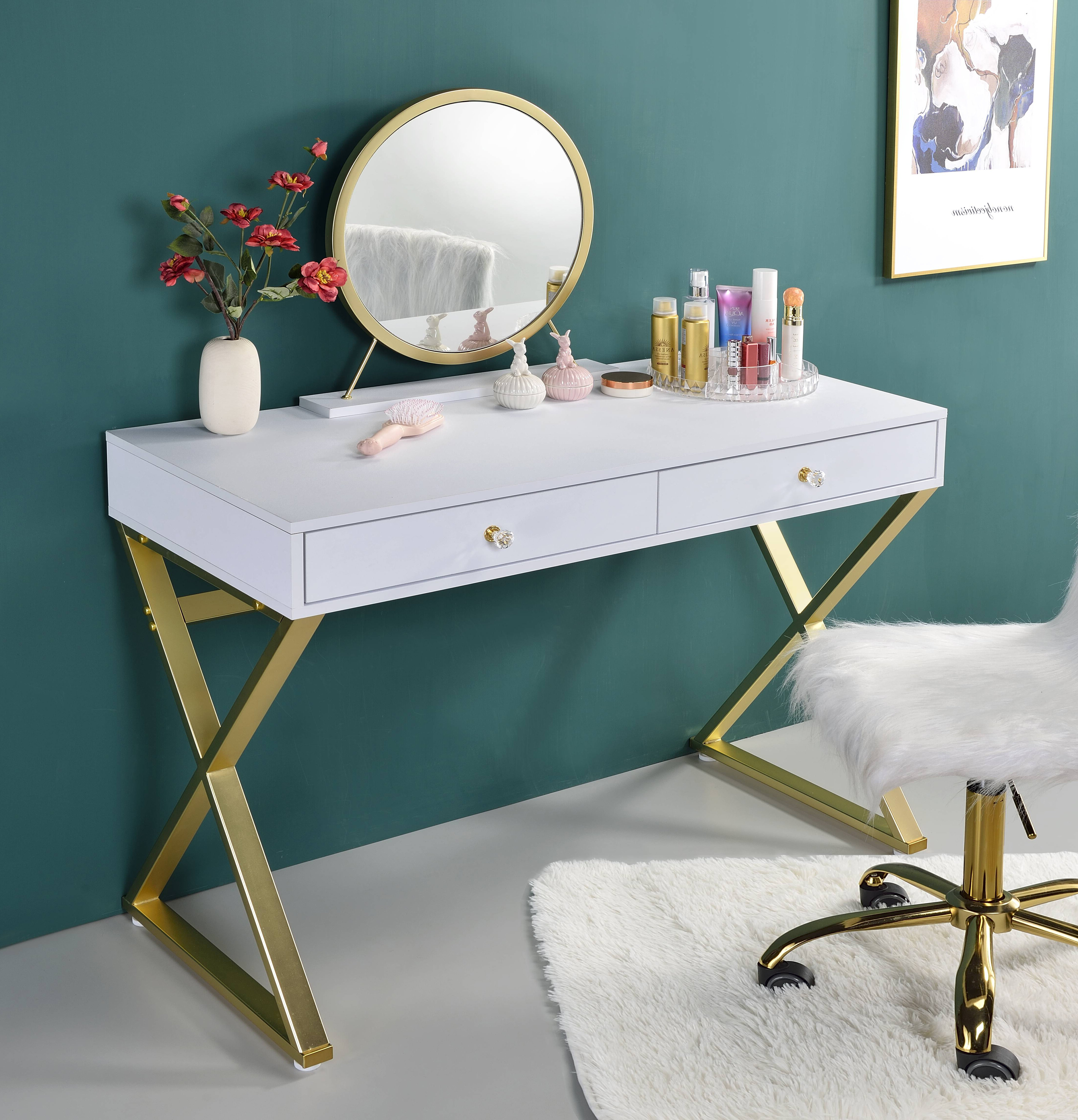 Everly Quinn Lukaus 2 - Drawer Vanity Desk with Mirror in White and ...