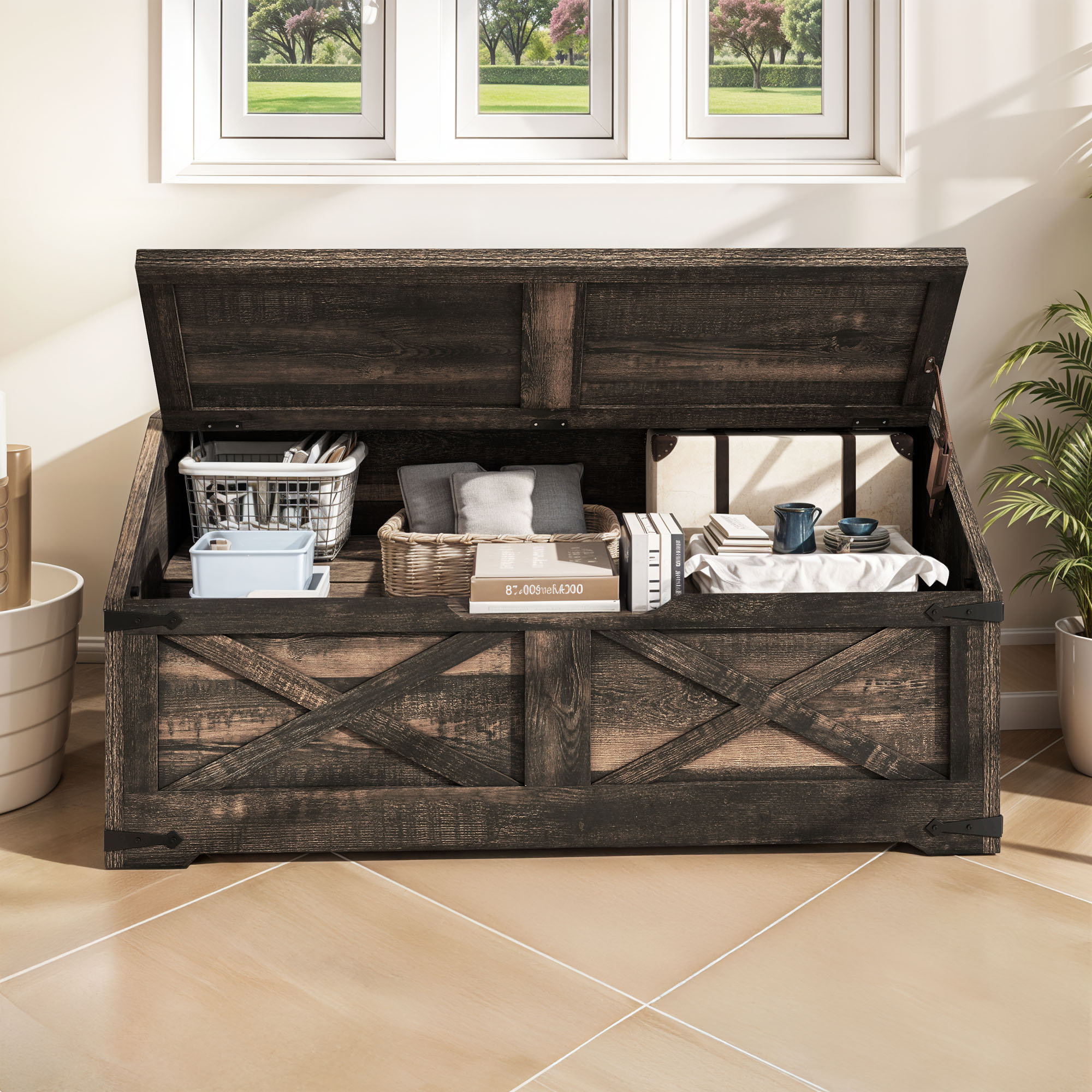 August Grove Wood Storage Trunk with Wheels, Safety Hinge, Farmhouse ...