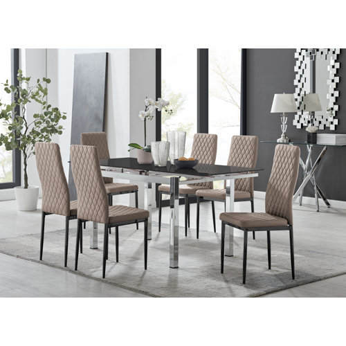 East Urban Home Tierra Modern Glass & Metal Extendable Dining Table Set ...
