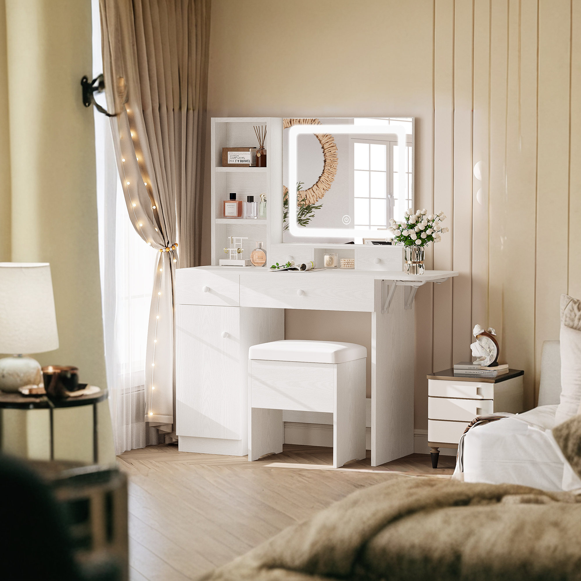 Latitude Run® Vanity Desk Set With Led Lighted Mirror & Power Outlet ...