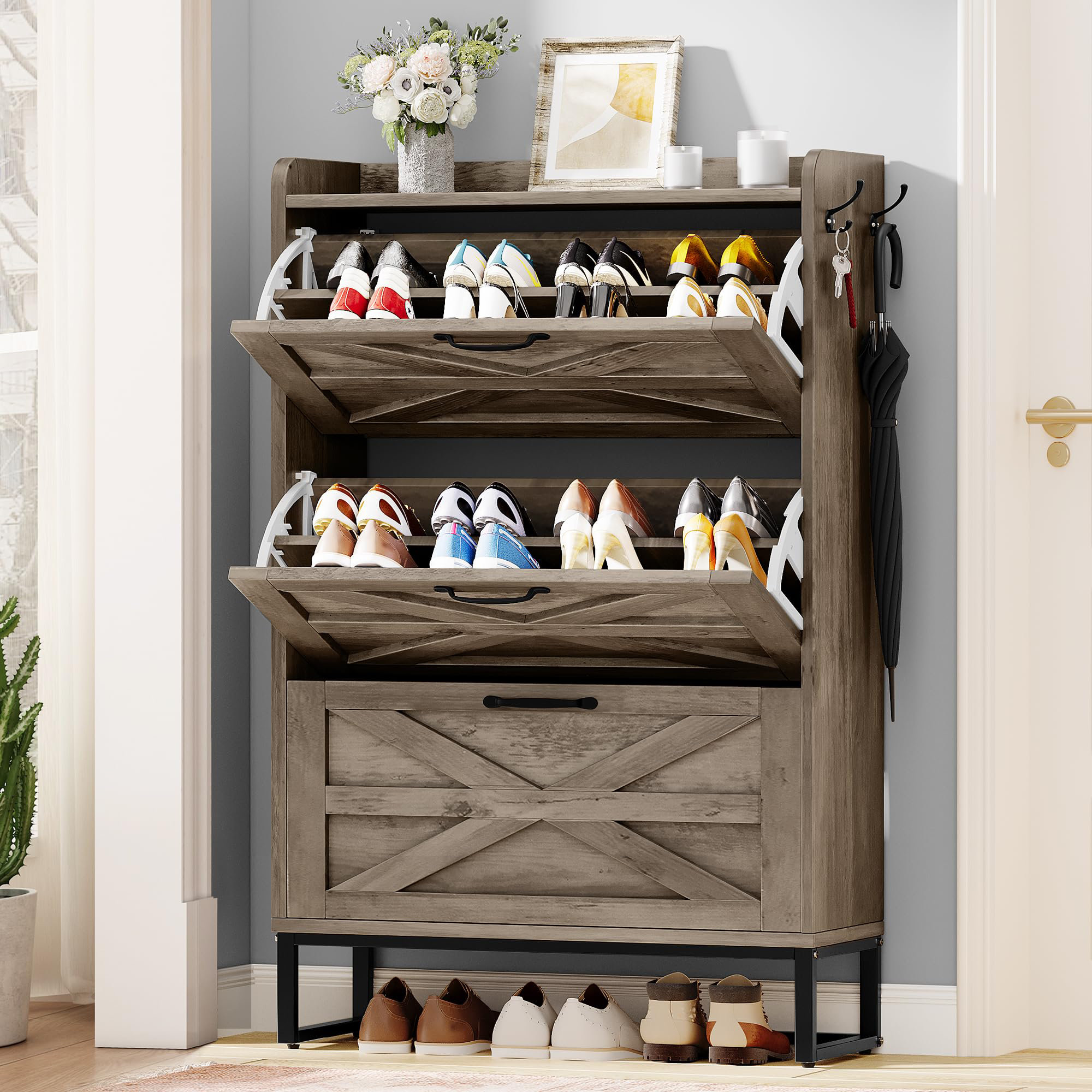 Gracie Oaks Freestanding shoe rack with 3 flap drawers | Wayfair