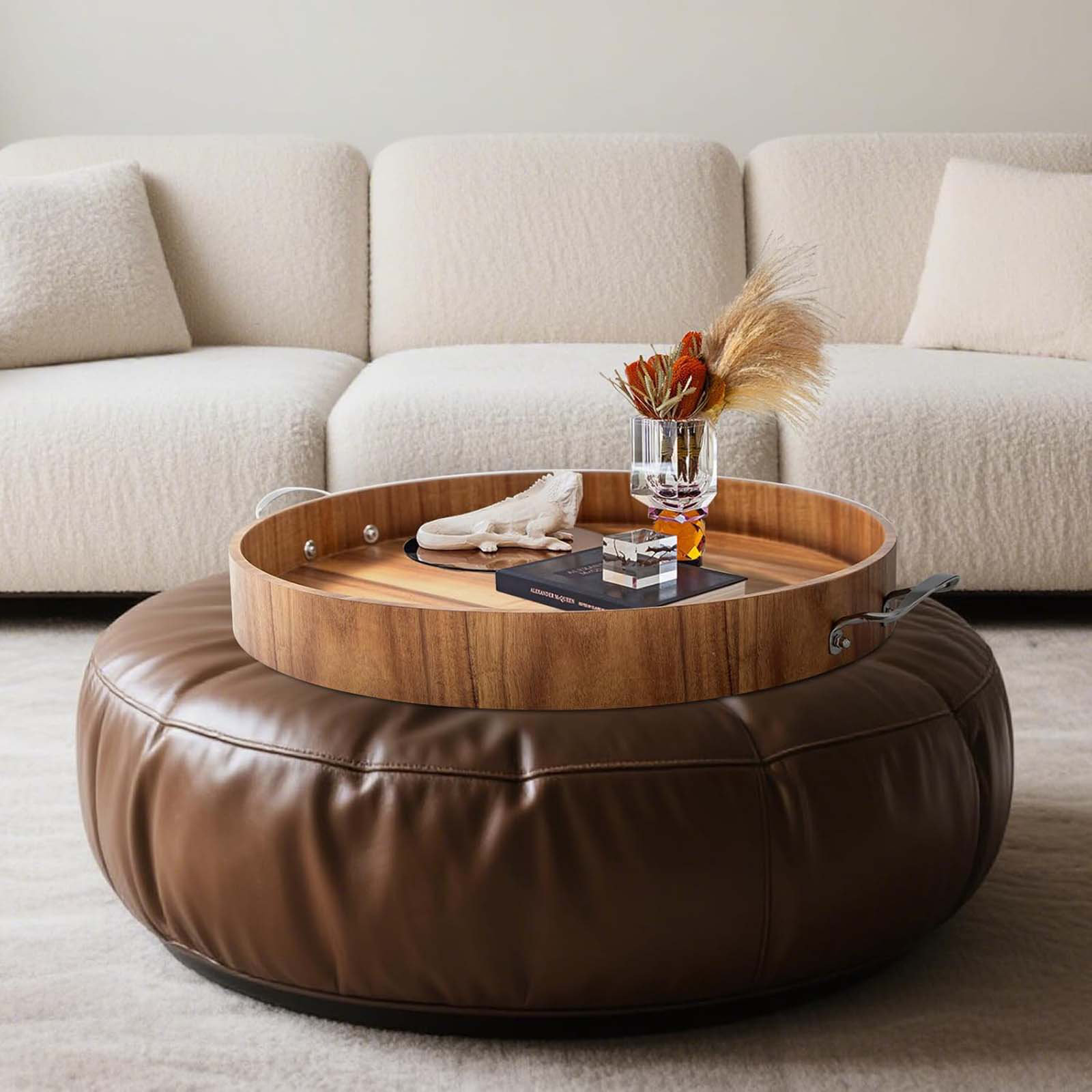 One Allium Way Ottoman Tray With Handles, 20 Inch Round Ottoman Tray ...