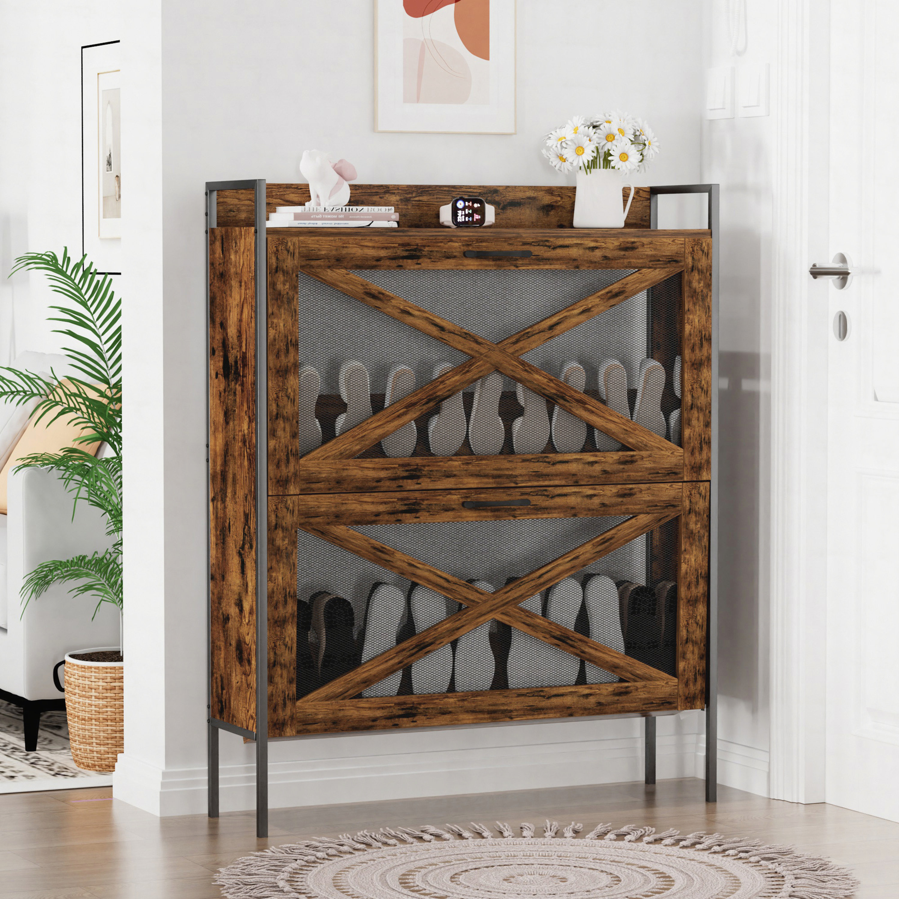 17 Stories A shoe cabinet with 2 flip-top drawers, an entryway shoe cabinet, a narrow standalone ...