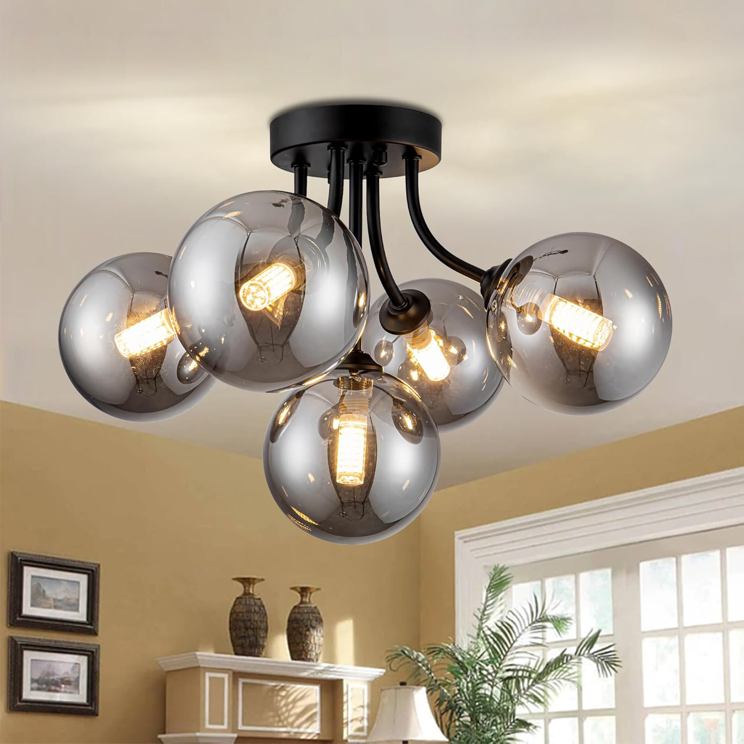 George Oliver Modern Sputnik Ceiling Light Fixture With Smoked Glass ...