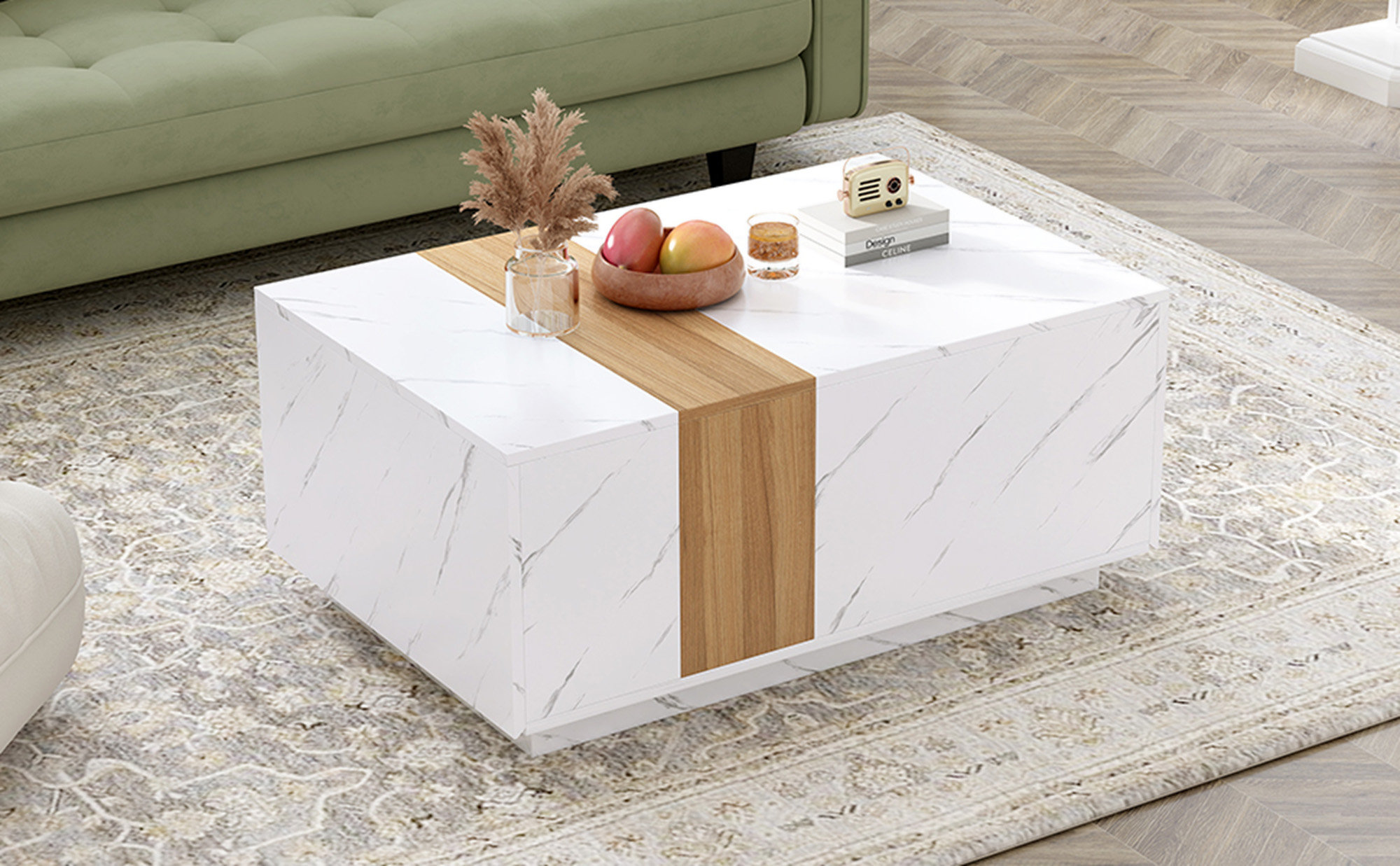 Wrought Studio™ Two-Tone Coffee Table With Faux Marble And Walnut Wood ...