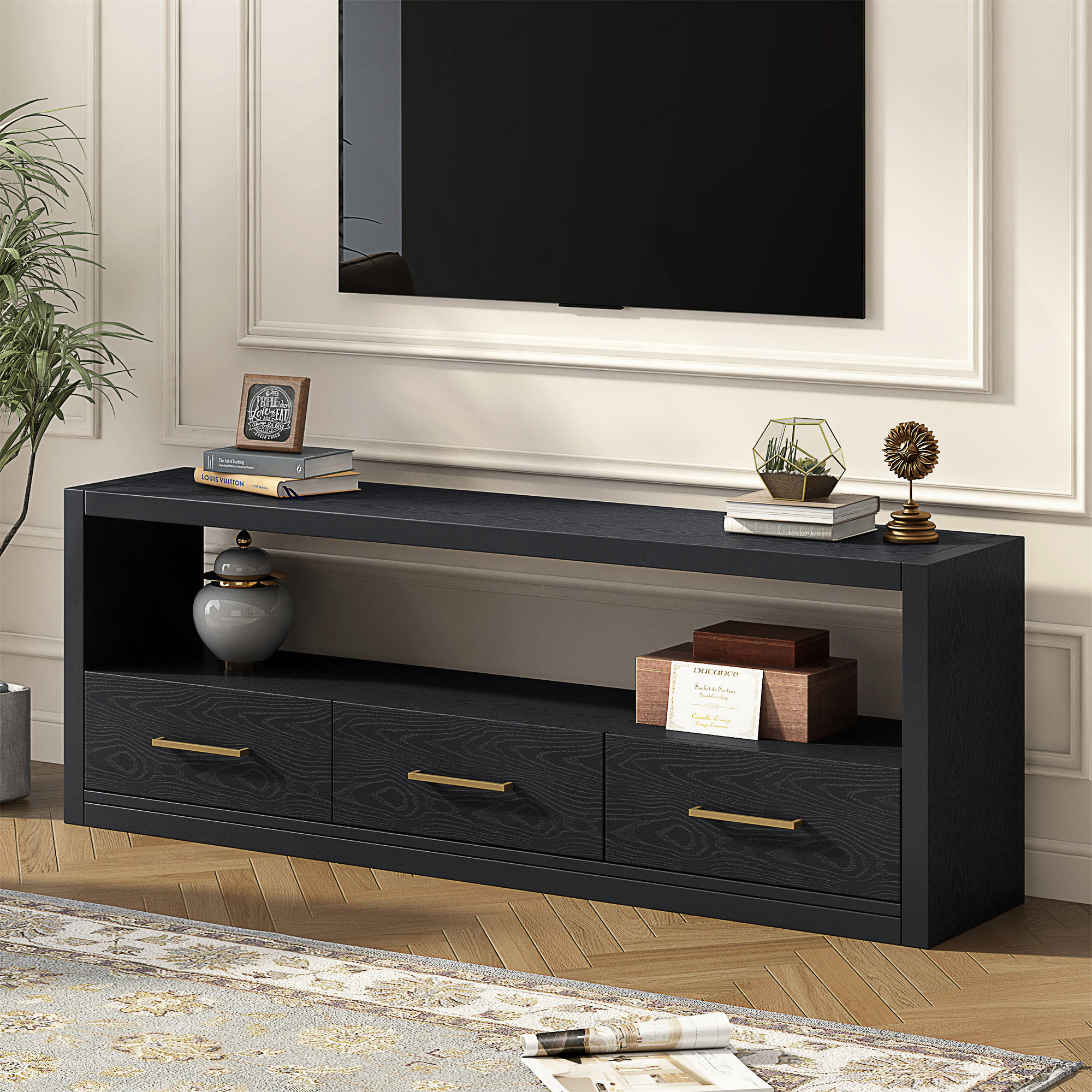 Everly Quinn Mirod Stylish TV Stand With Ample Storage,Classic Design With Three Drawers And ...