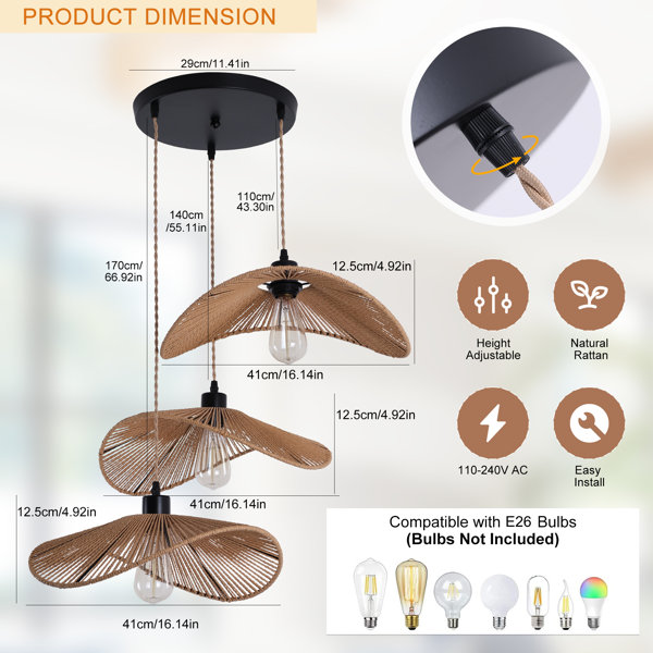 Bay Isle Home 3 - Light Rattan Farmhouse Cluster Pendant Light ...