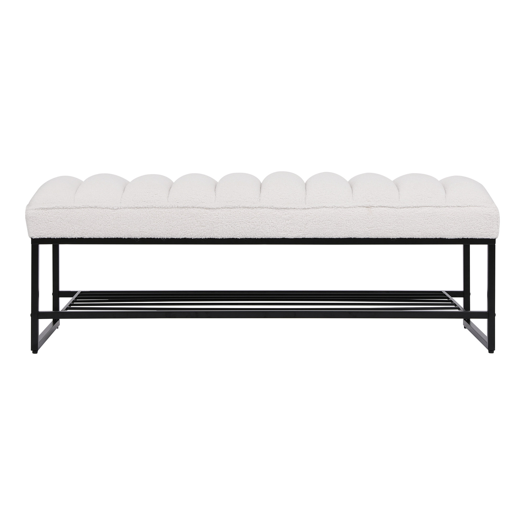 Winston Porter Channel Tufted Bench With Metal Shelf White Sherpa ...