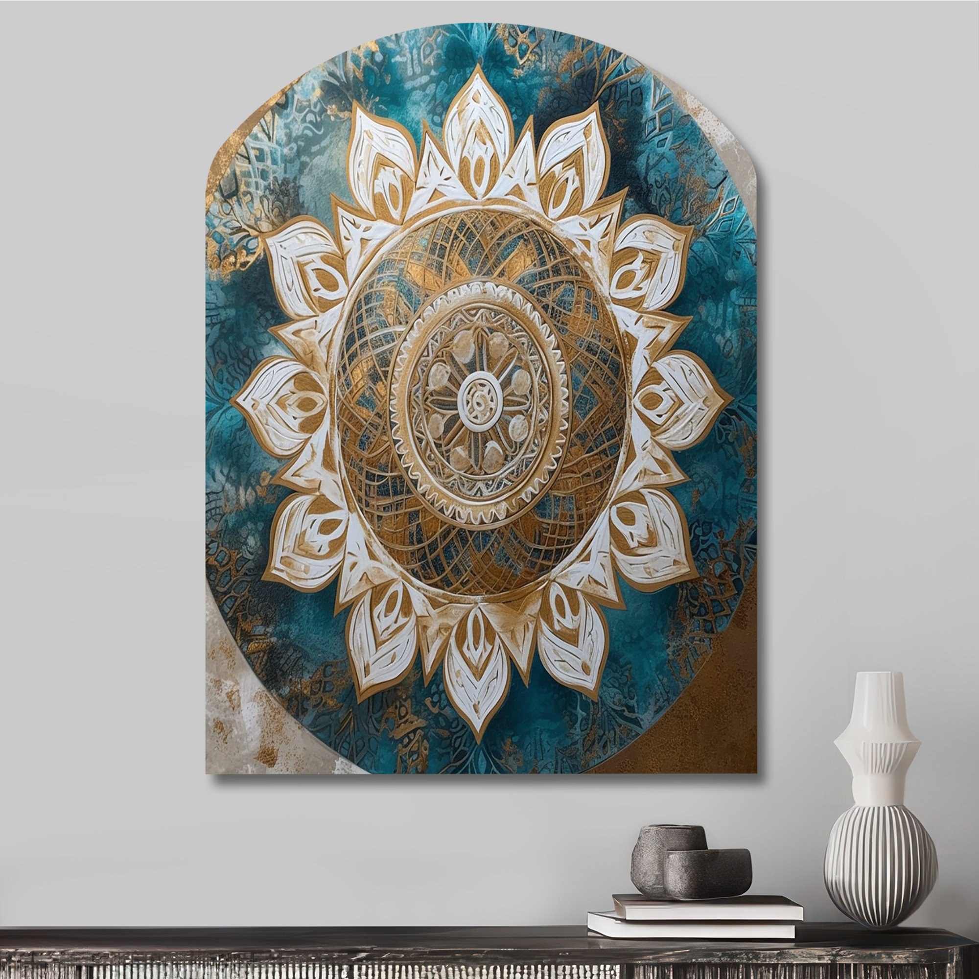 Design Art Teal And Gold Mandala II - Boho Mandala Arch Shape ...