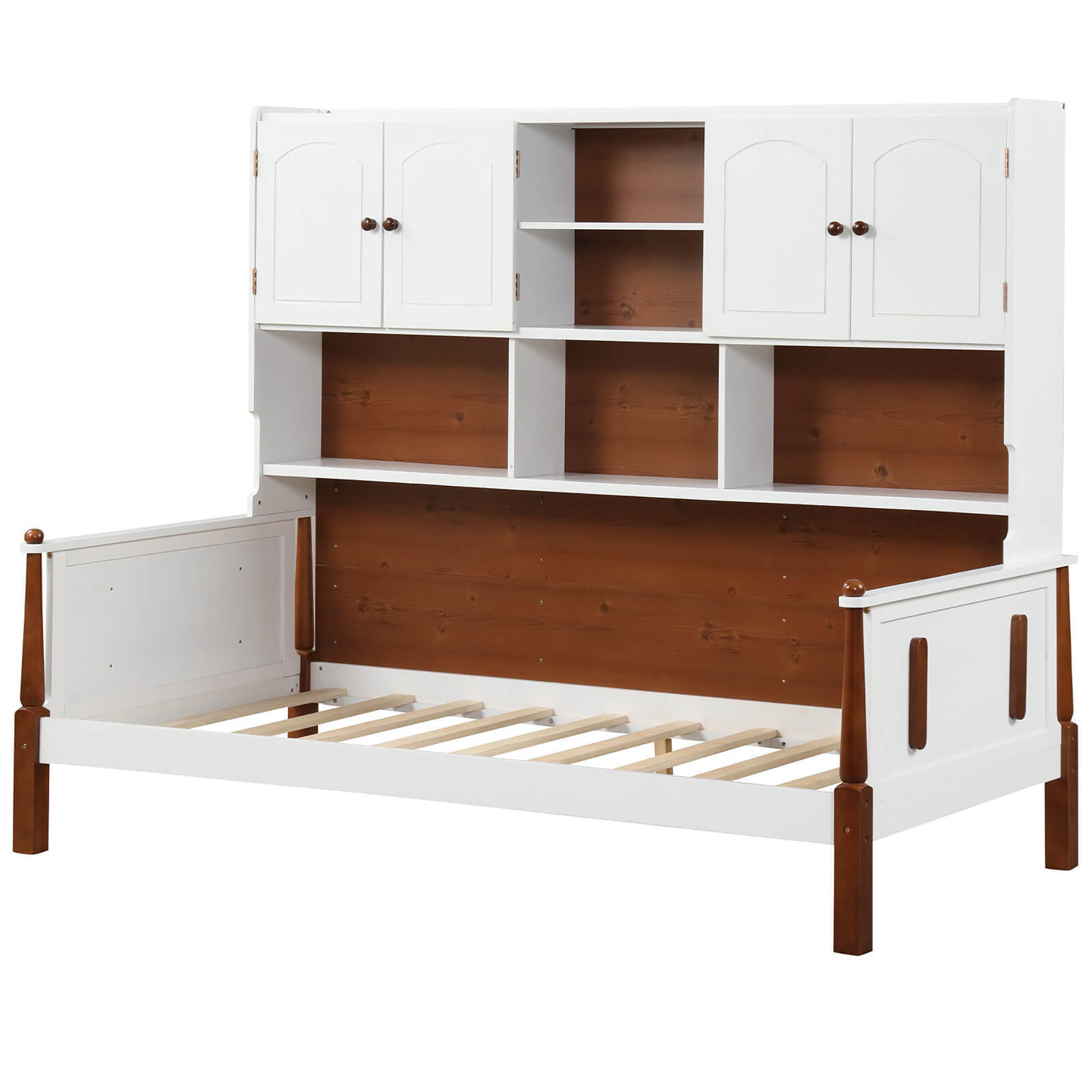 Red Barrel Studio® Twin Daybed W/ Bookcase Wooden Platform Bed W/ Shelves & Cabinets White ...