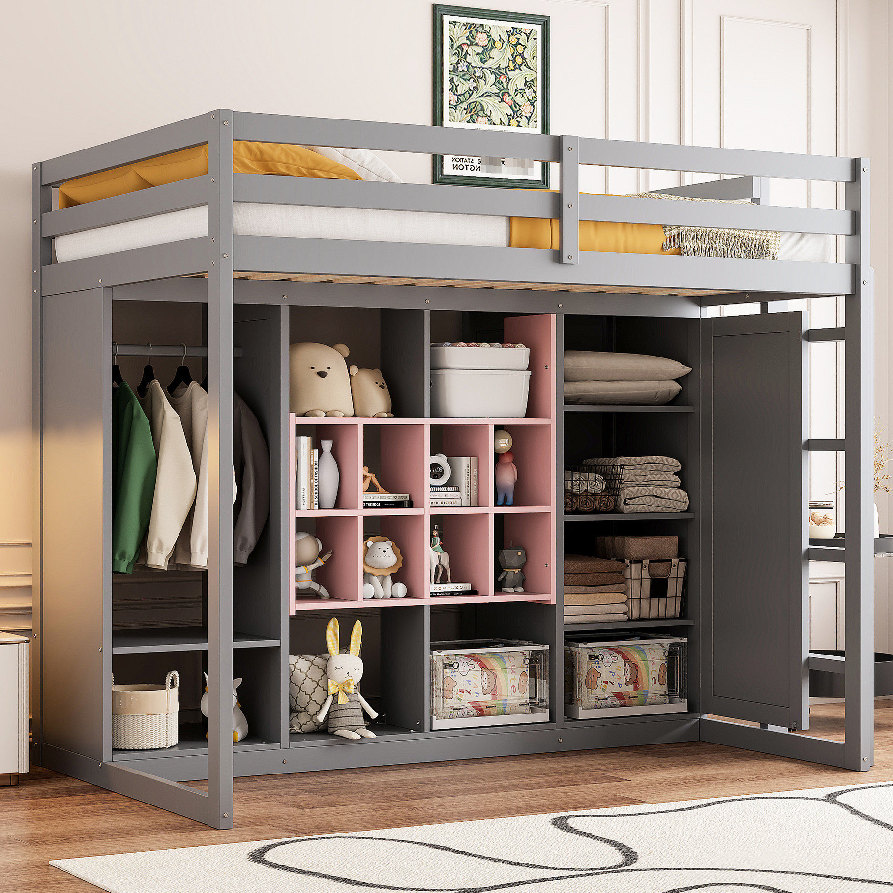 Latitude Run® Gray+Pink Solid Wood+ Full Size Loft Bed, Ideal For ...
