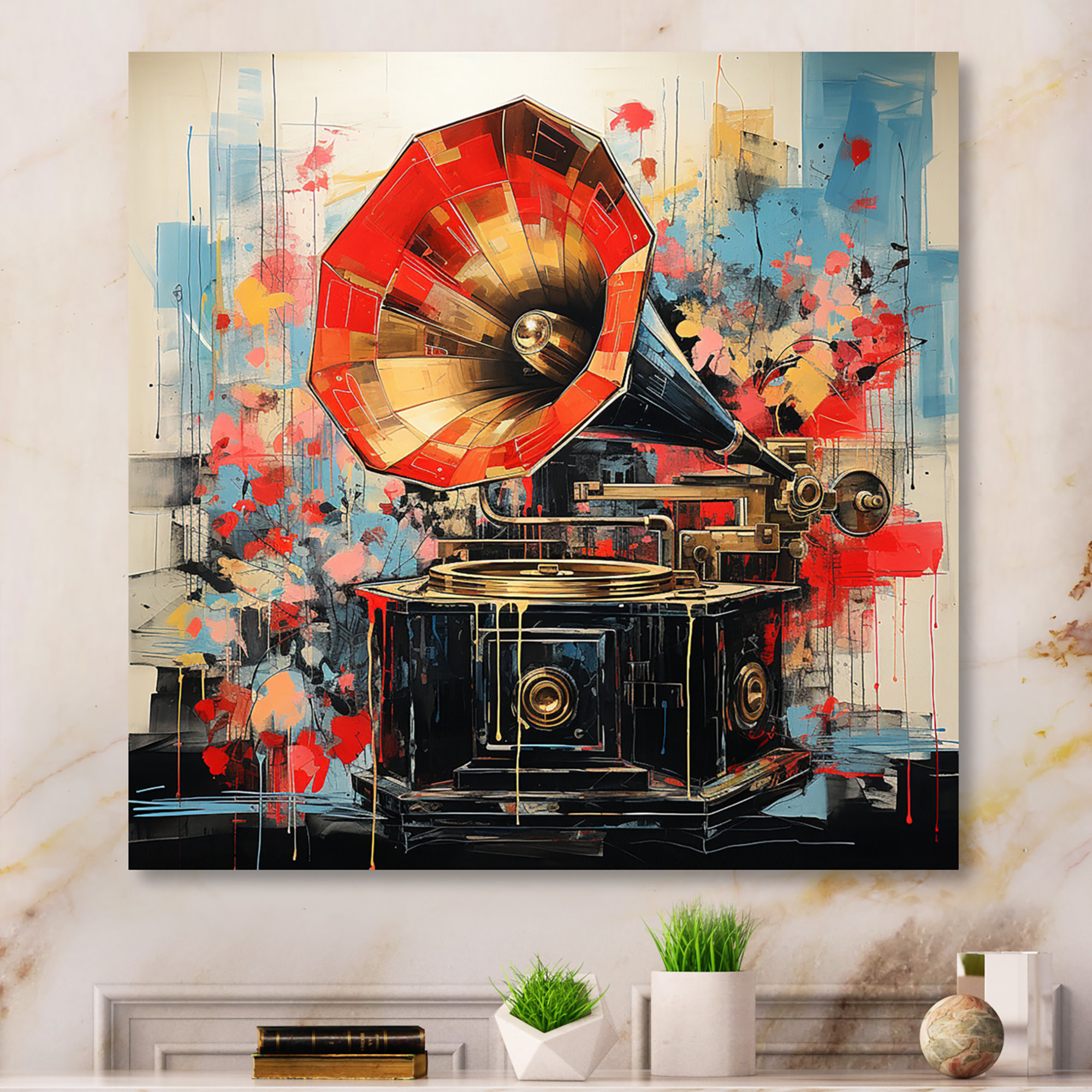 Red Barrel Studio Red Blue Phonograph Collage - Music Canvas Print ...