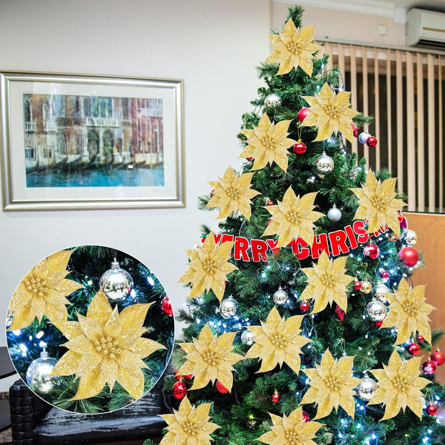 The Holiday Aisle® 15 Pcs Glitter Artificial Poinsettia Christmas ...