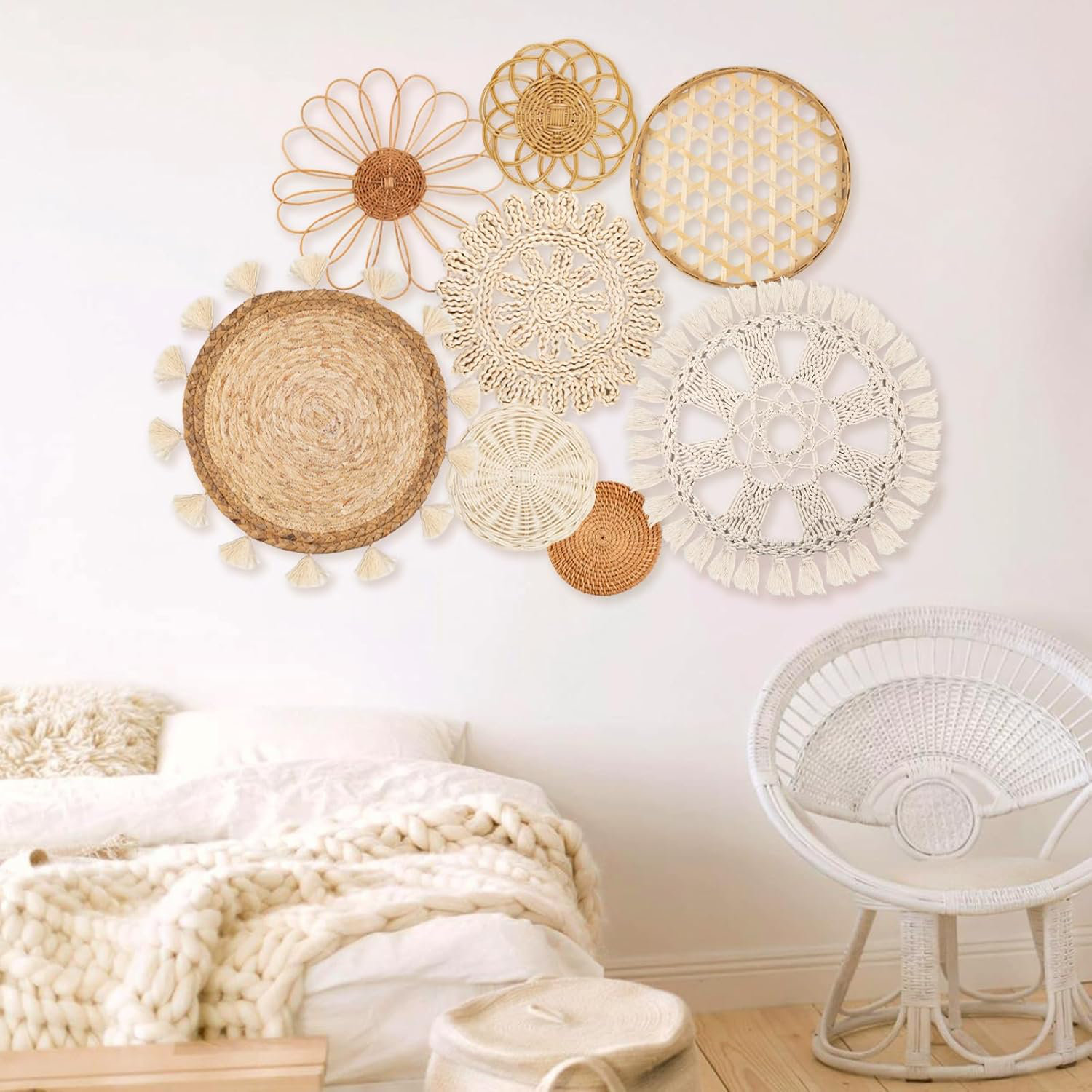 Bungalow Rose Boho Wall Basket Decor Set Of 8 - White Neutral | Wayfair