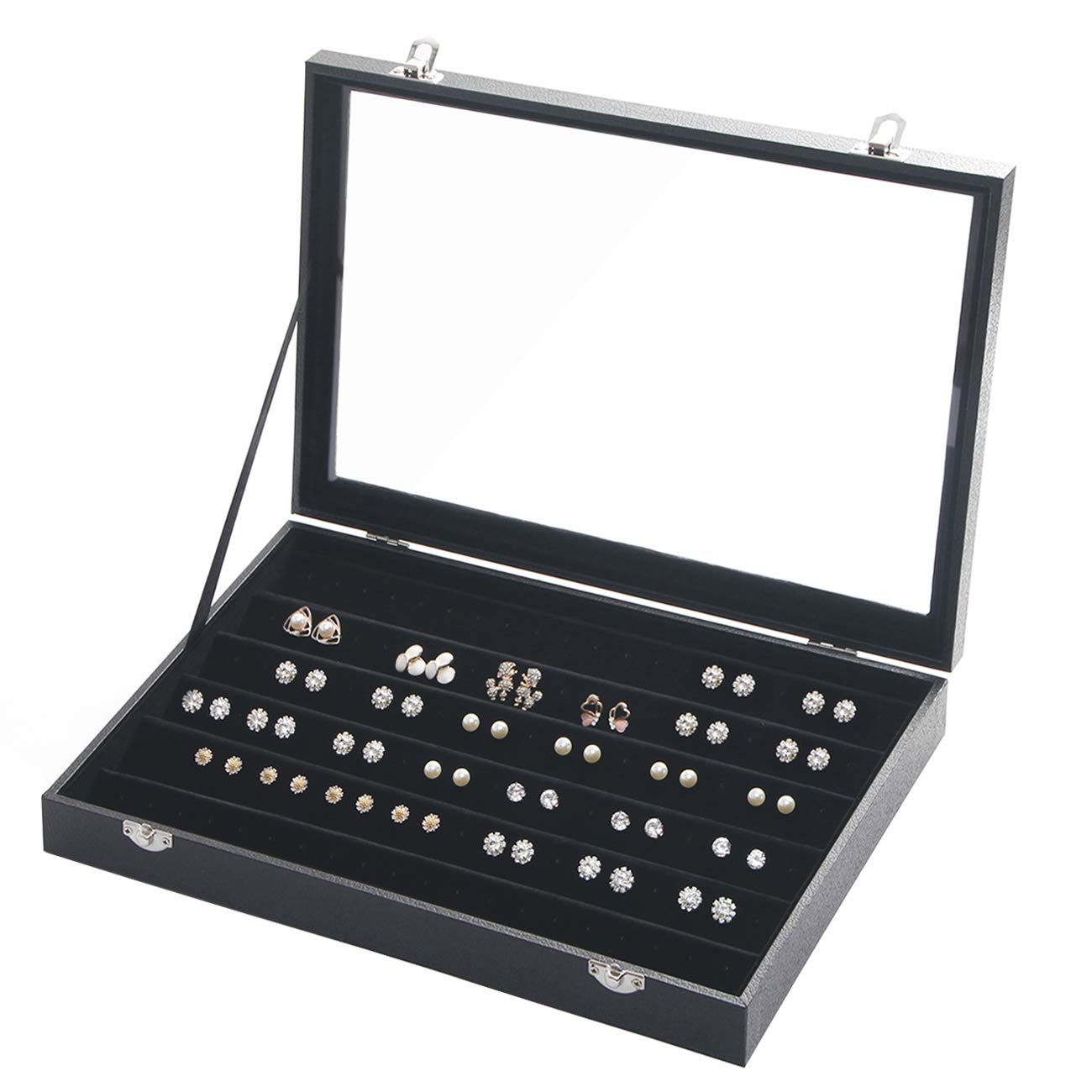 Ebern Designs Glass Lid 60 Pairs Ear Studs Tray Jewelry Storage Boxes ...