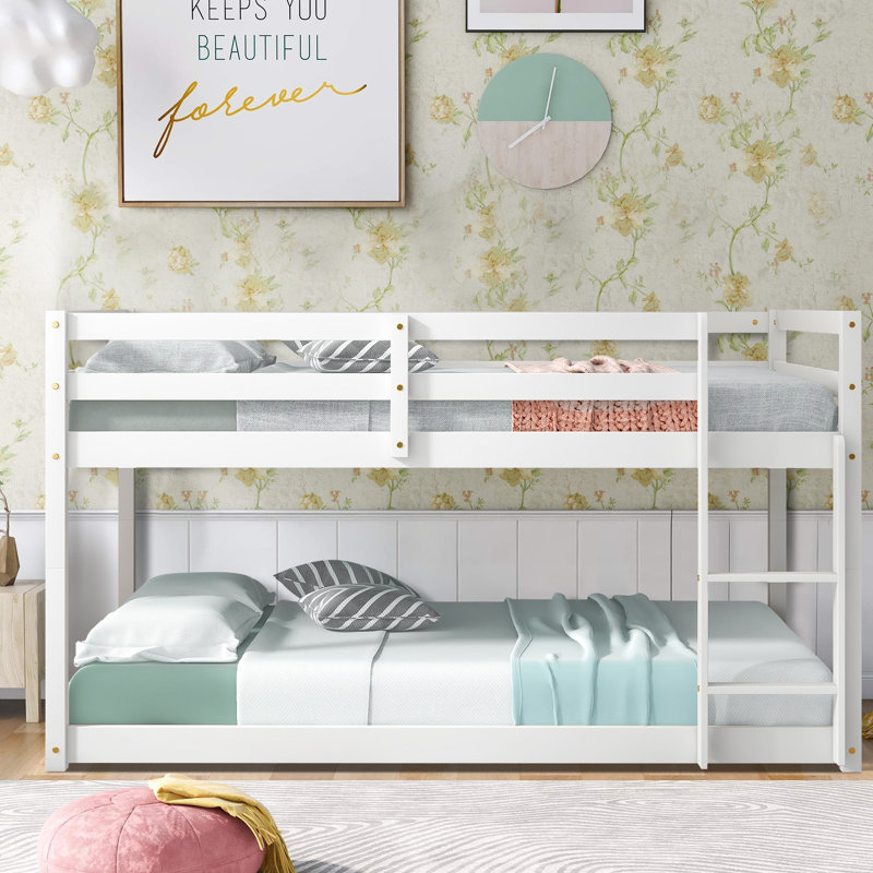 Harriet Bee Wood Twin Over Twin Floor Bunk Bed with Ladder, Twin Size ...