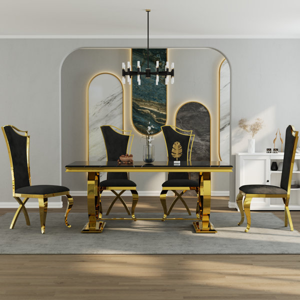 Everly Quinn Luxury Black And Gold Dining Table Set With 4 Black Velvet ...