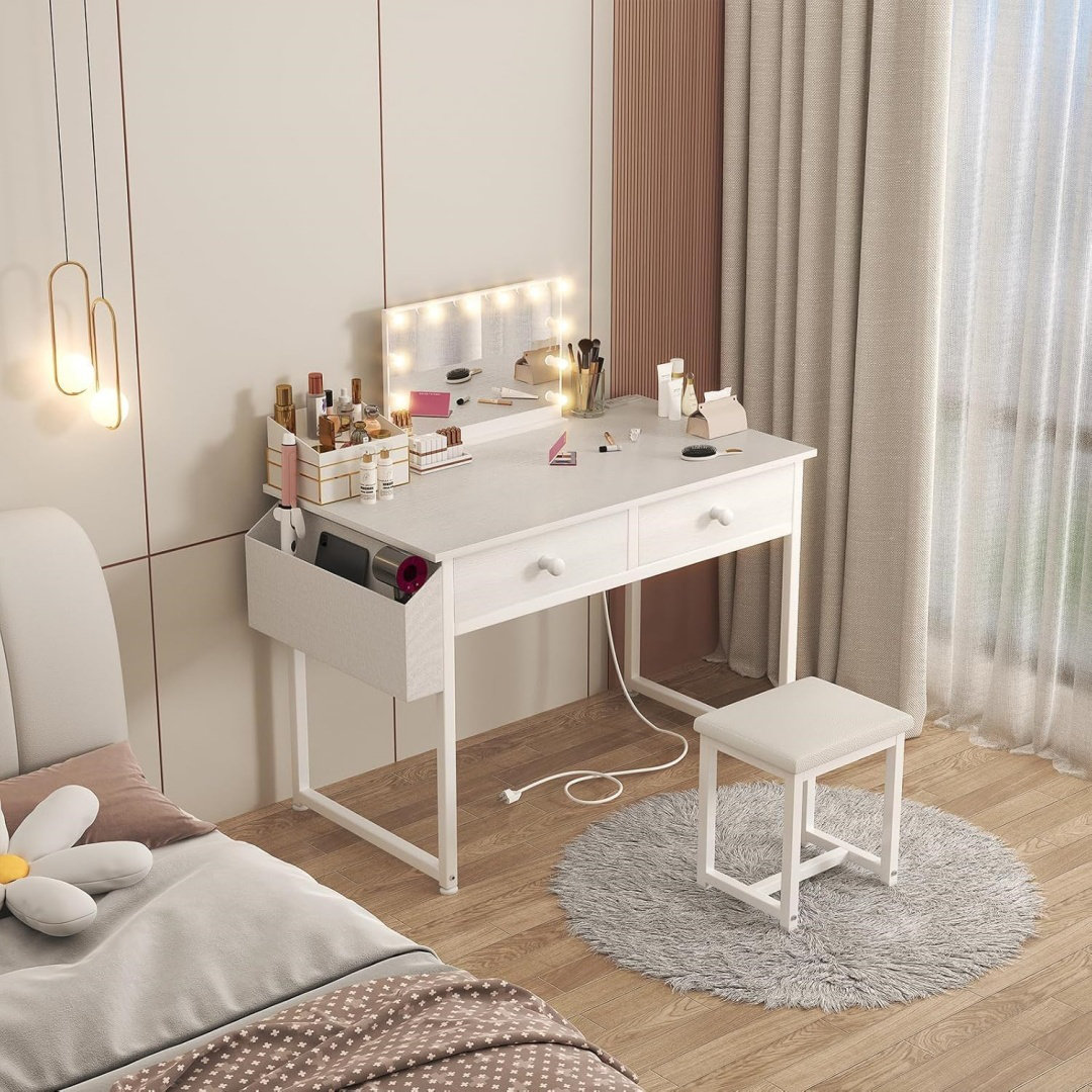 Latitude Run® White Makeup Vanity Desk No Mirror With Chair, Small ...