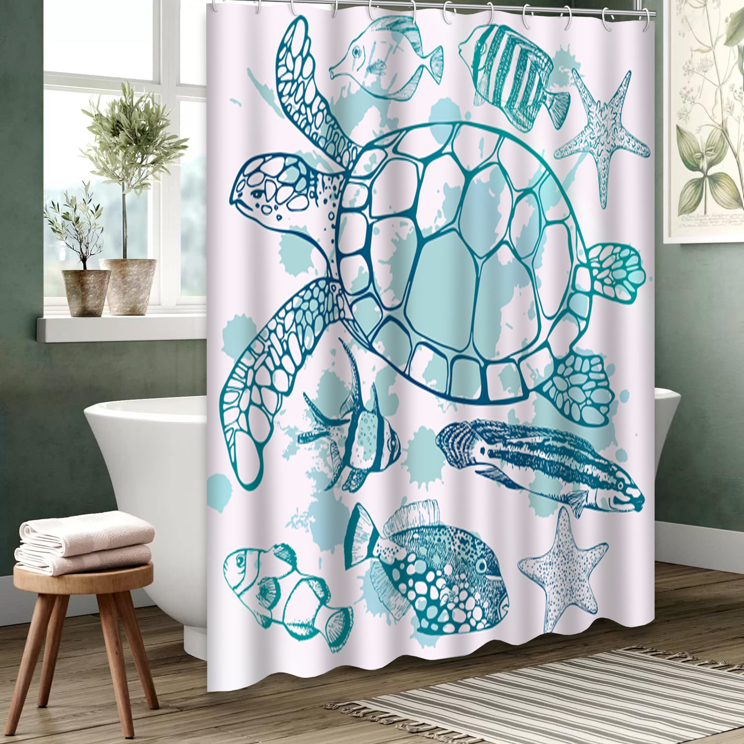 East Urban Home Sea Turtle Shell Waterproof Shower Curtain,Tropical ...