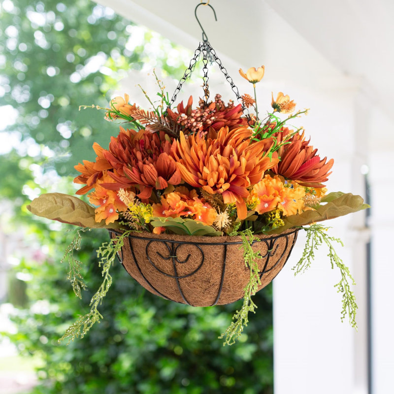 Primrue Artificial Fake Fall Hanging Mums Flowers Plants Baskets | Wayfair