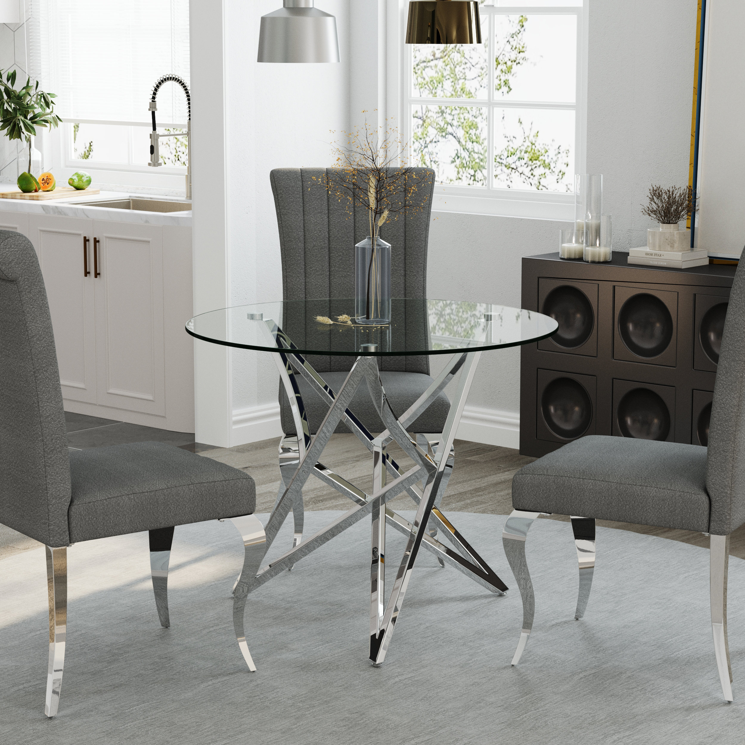 Wrought Studio 36 Inch Clear Tempered Glass Round Dining Table With ...