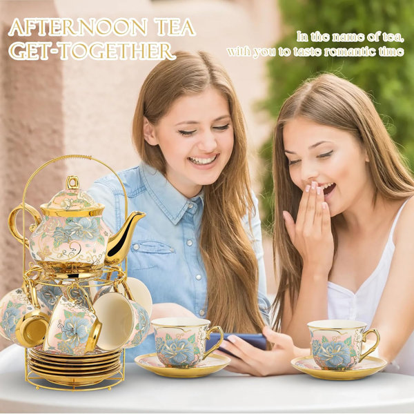 Rosdorf Park 20 Pieces Porcelain Tea Set With Metal Holder European ...