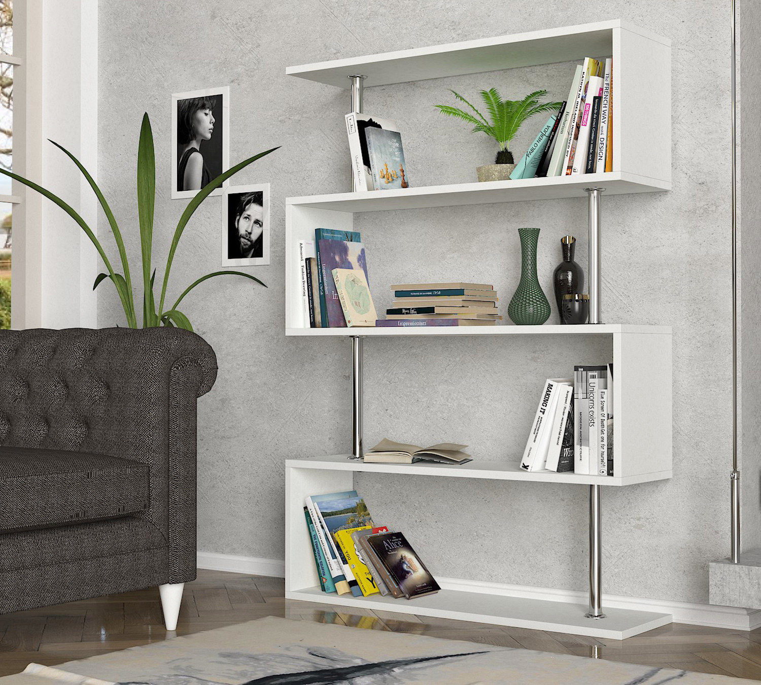Latitude Run® 4 Tier Modern S Shape Black Bookcase Supported By Metal ...