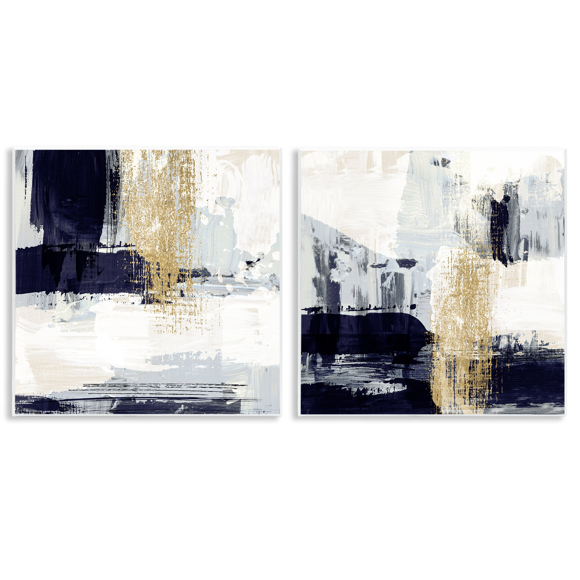 Ebern Designs Patchy Navy Gold Abstract 2 PC Wall Plaque Art Set by ...