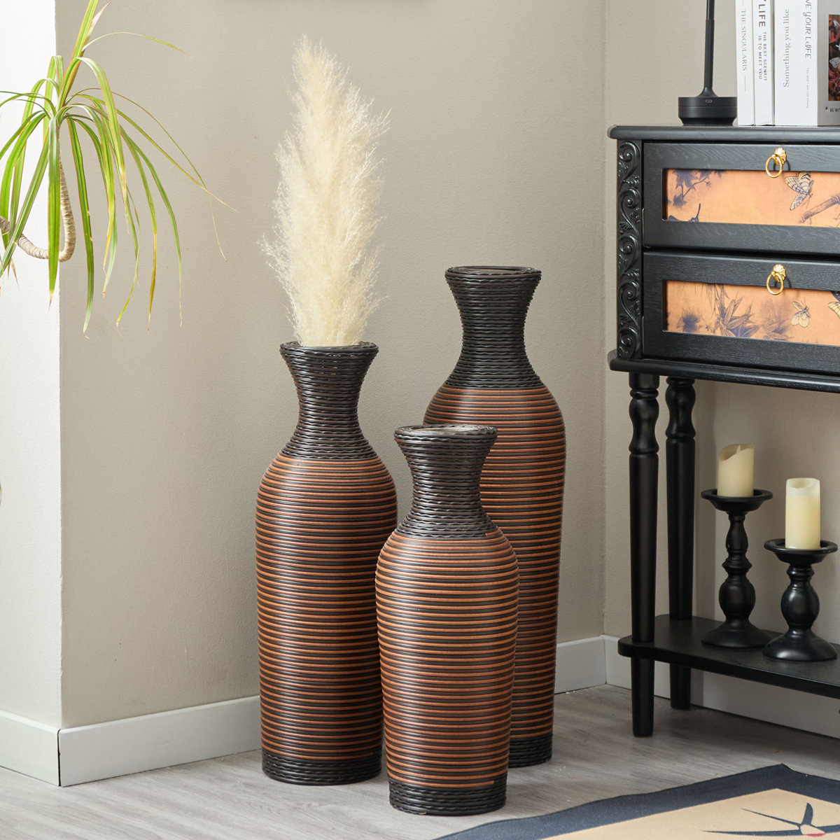 George Oliver Eibhinn Hand Woven Rattan Floor Vase, Tall Vase, Two-Tone ...