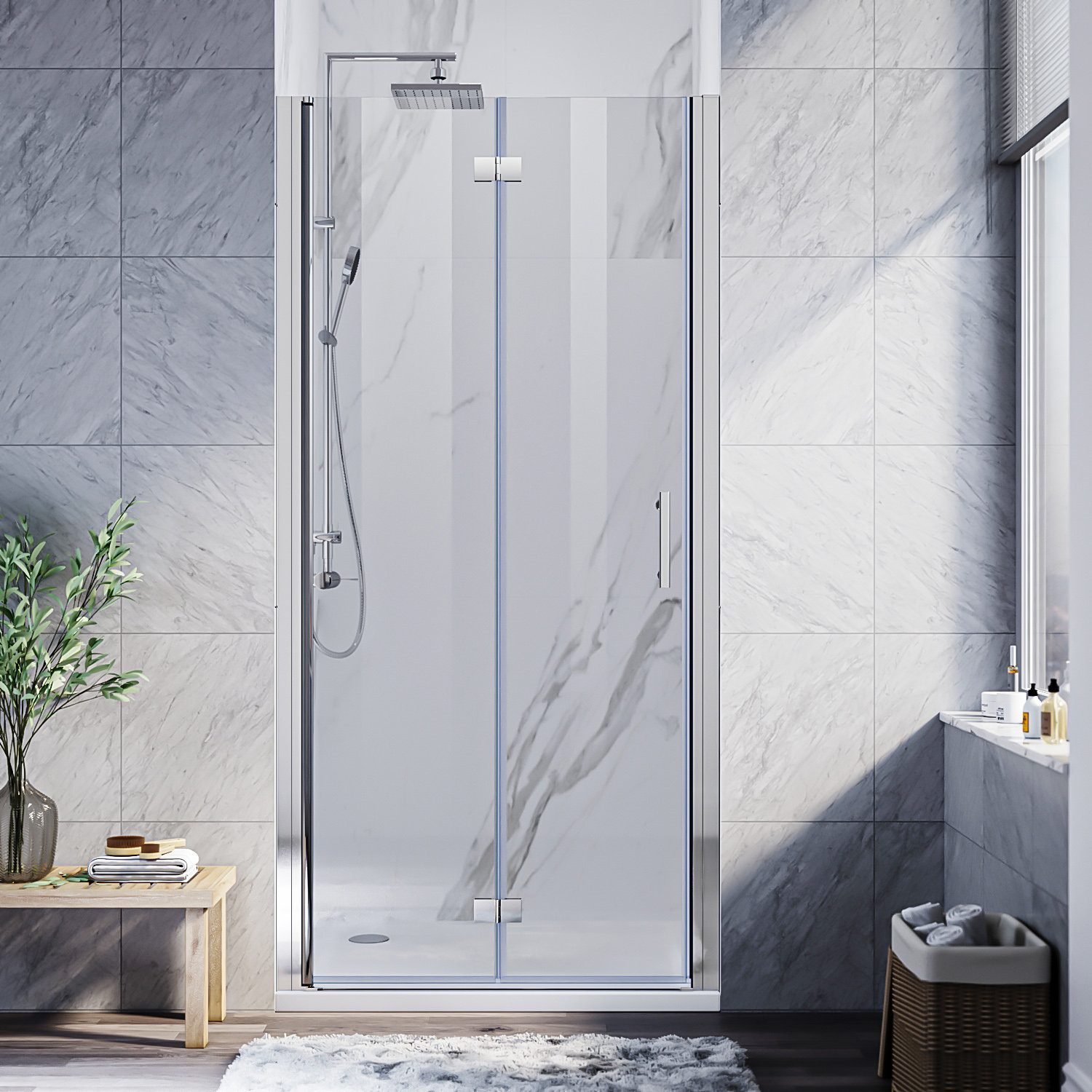Elegant BFH 32"W*72"H Bifold Frameless Shower Door,6mm Clear Tempered Glass, 180° Folding Hinge ...