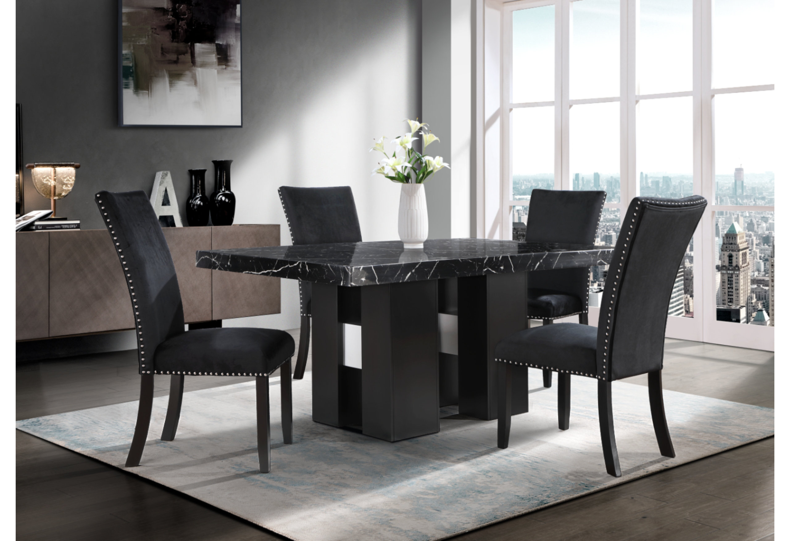 Ivy Bronx Godin Dining Table -Black + 4 Mona Chairs - Beige | Wayfair