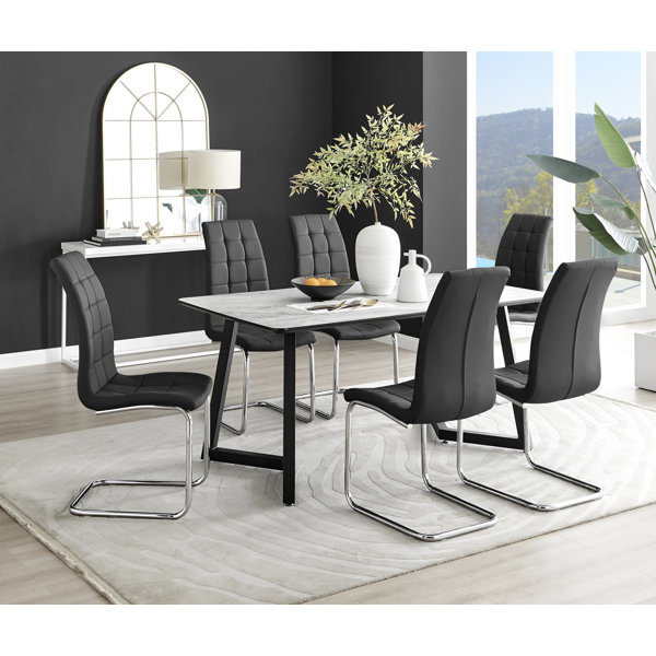 Canora Grey Industrial Design White Marble Effect Melamine Dining Table ...