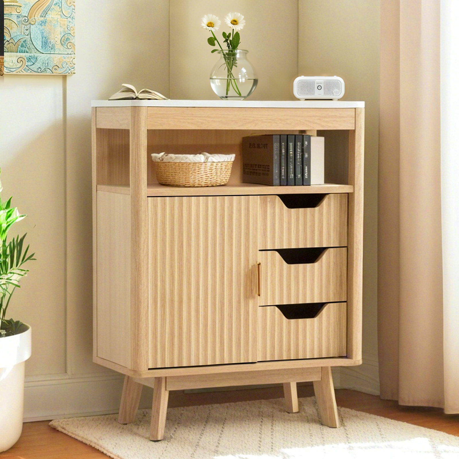 George Oliver 31" Fluted Bathroom Cabinet Floor 3 Drawer Storage ...