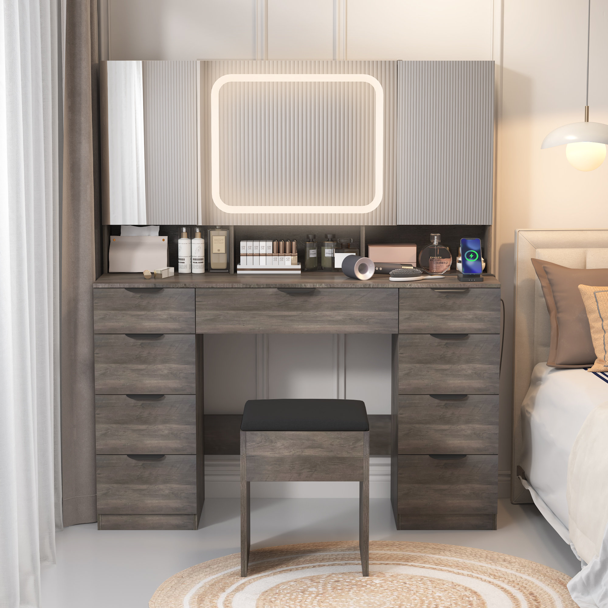 Ivy Bronx Large Makeup Vanity Set with Lights, USB & Power Outlet and 9 ...