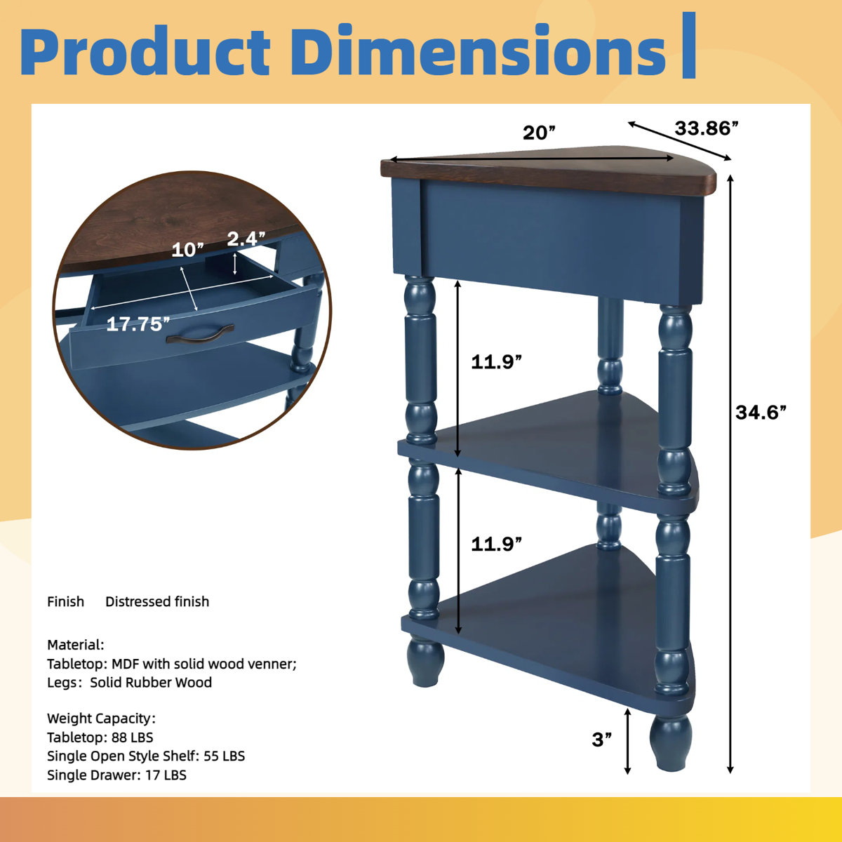 Alcott Hill® Vintage 3-Tier Triangle Corner End Table with Drawer ...
