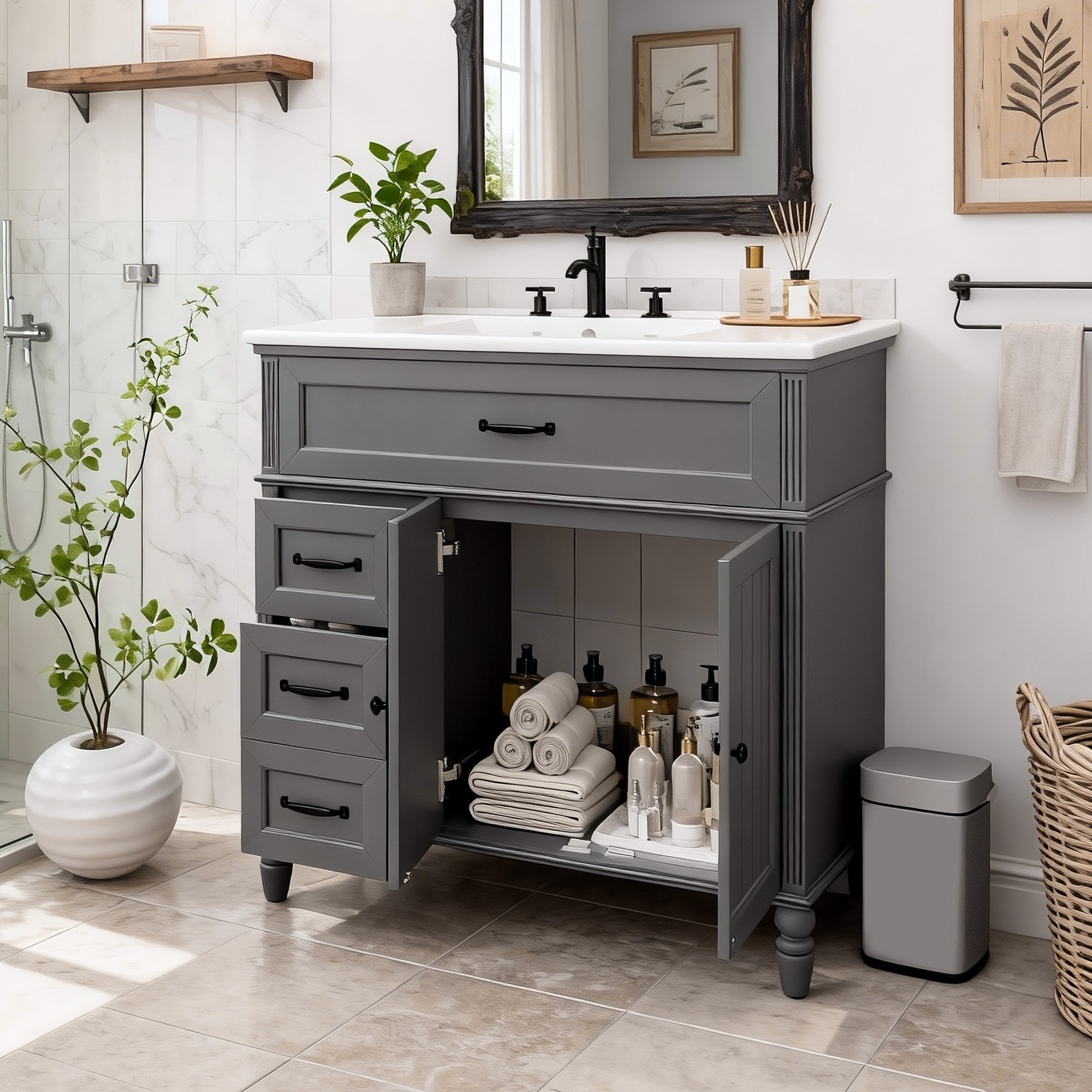 Interbath 36" Bathroom Vanity Unit With Ceramic Sink, Drawer Storage ...