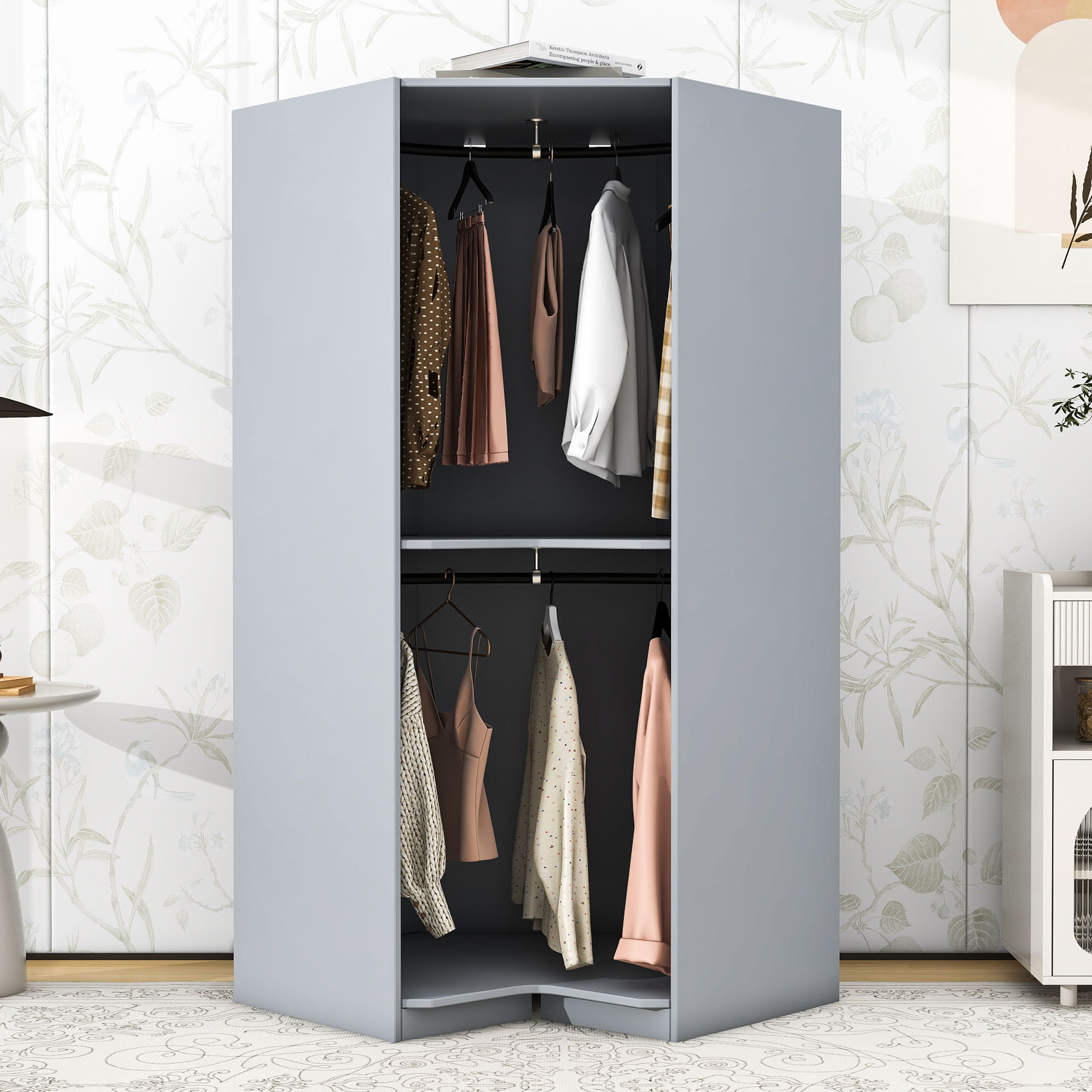 Ebern Designs Wooden Freestanding Corner Wardrobe with Hanging Rods and ...