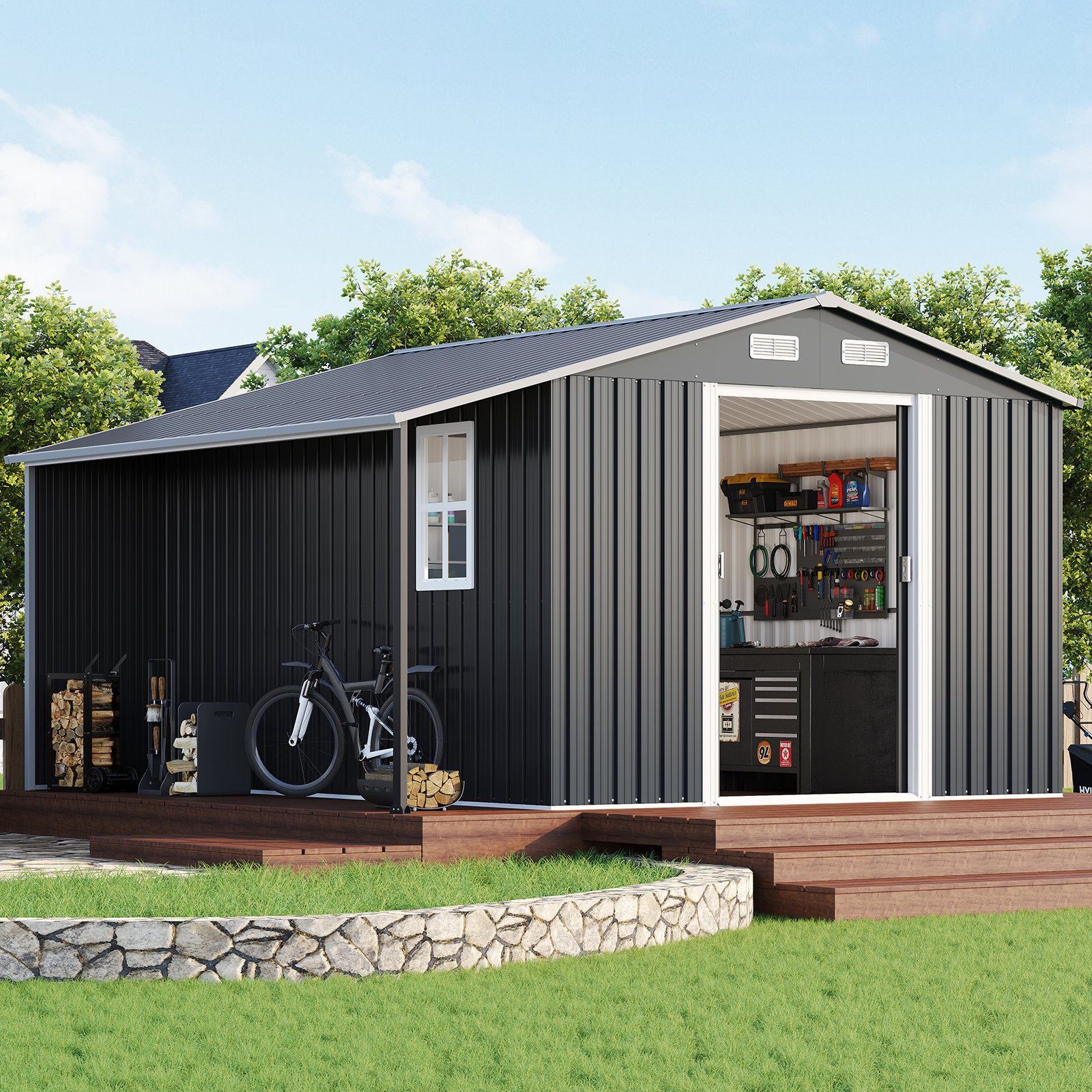 AMERLIFE Outdoor Storage Shed, Metal Shed with Sliding Doors Two 4-Pane ...