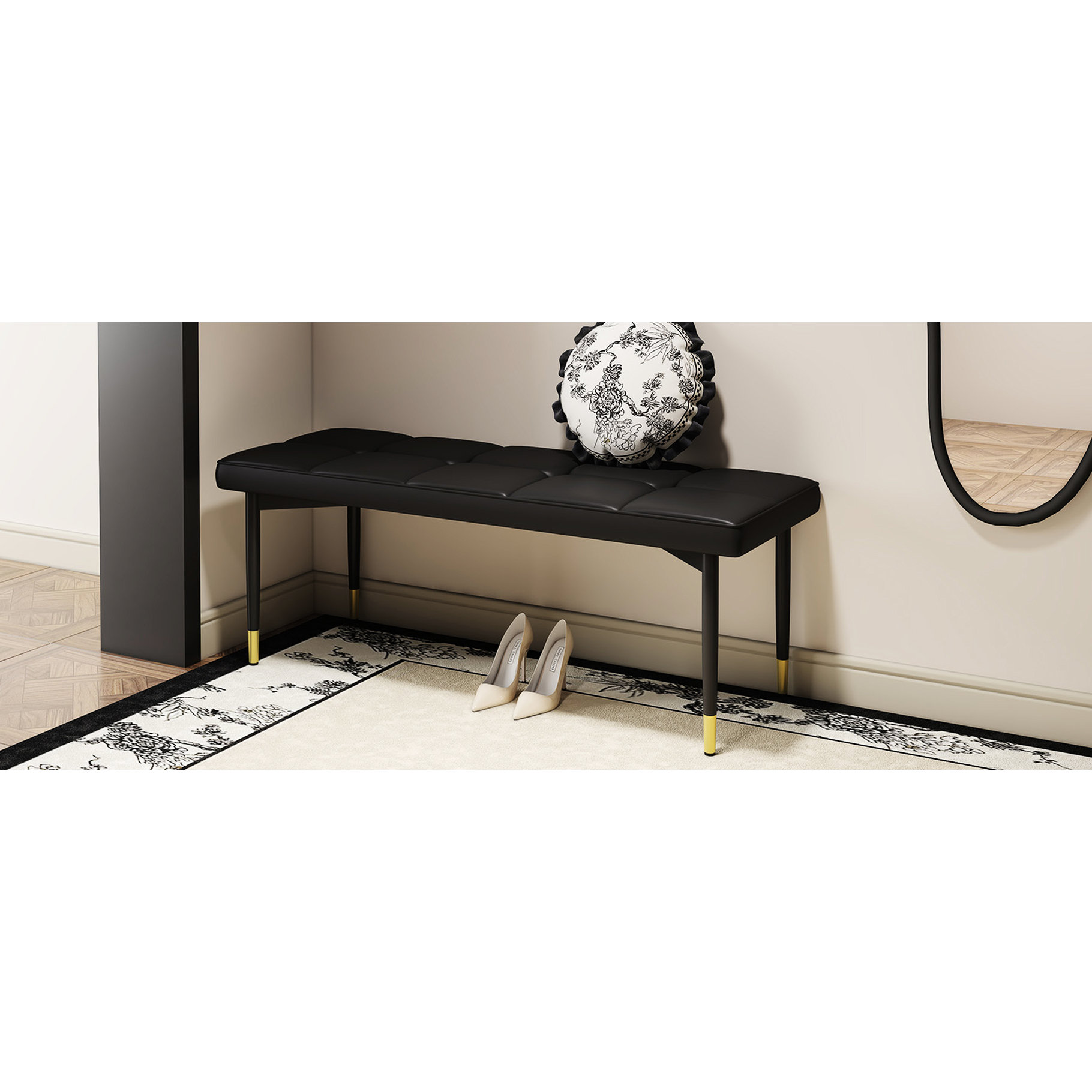 Everly Quinn 47 - Inch Black Shoe Bench With Faux Pu Padding And Gold ...
