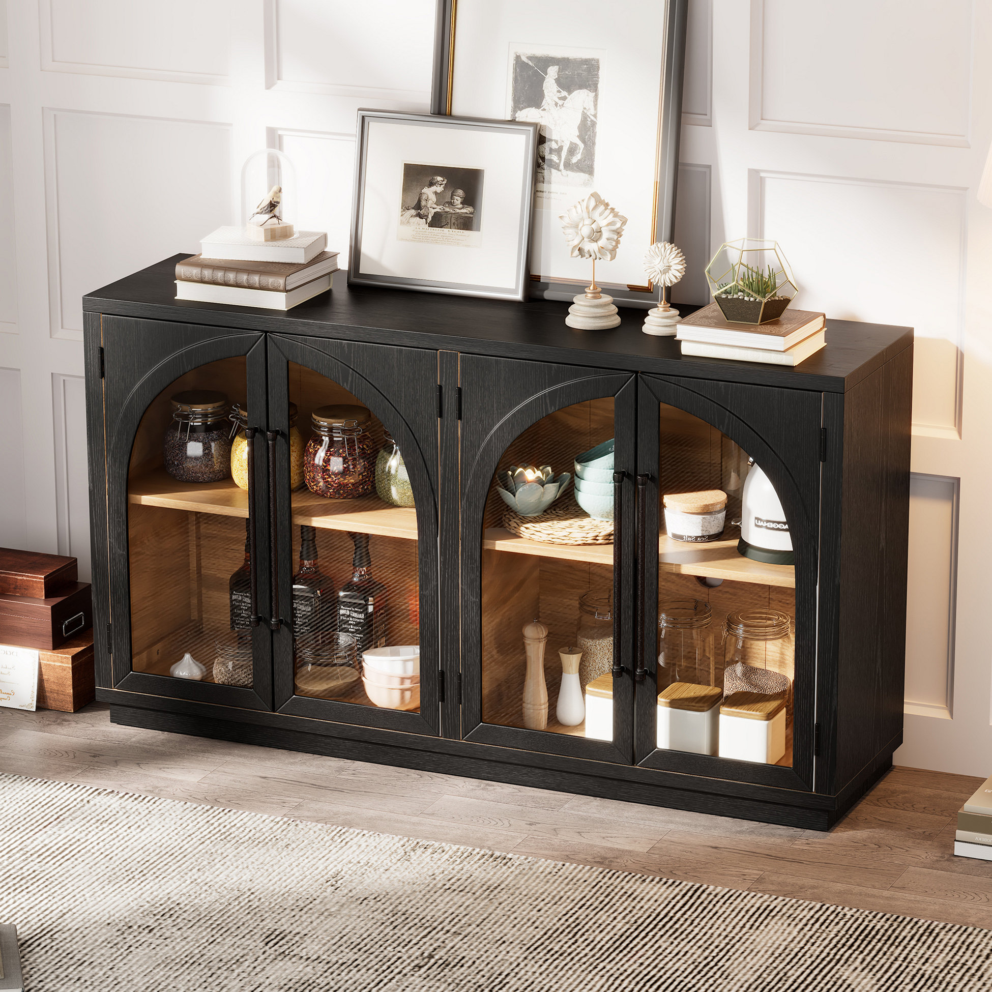 Ebern Designs 4-Door Large Storage Sideboard Buffet Cabinet With Glass Doors, Arched Cabinet ...