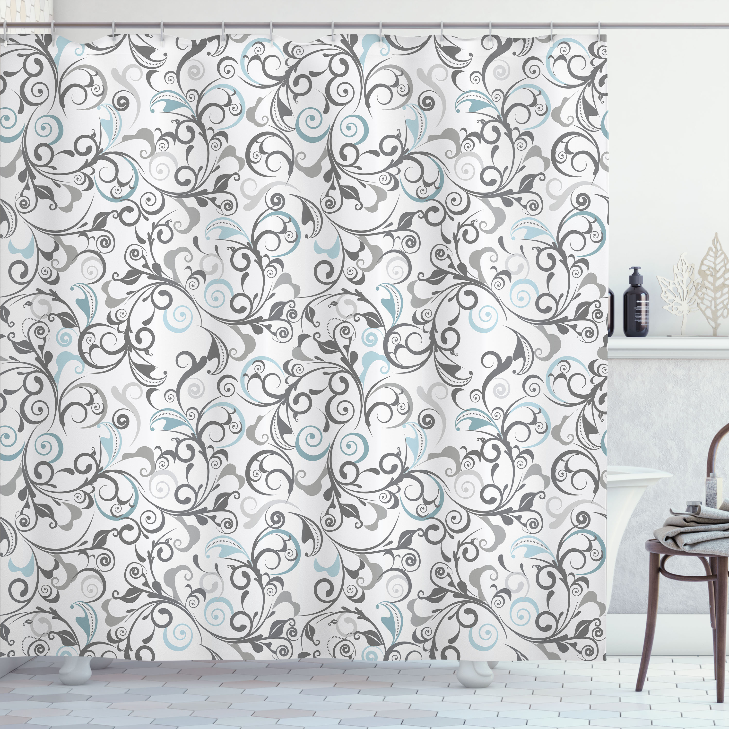 East Urban Home Floral Shower Curtain Damask Antique Curls Grey Pale ...