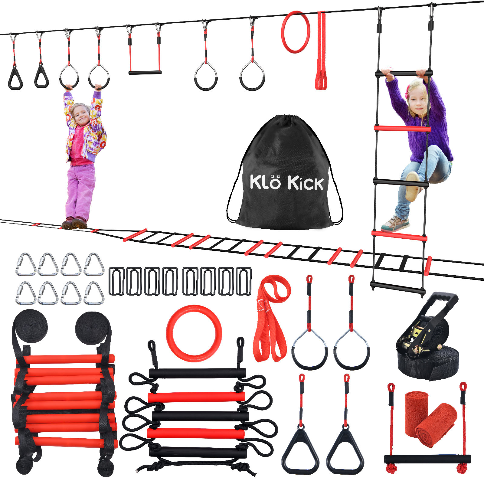 Klo Kick 50ft Ninja Warrior Obstacle Course For Kids W/ Ladder Bridge ...