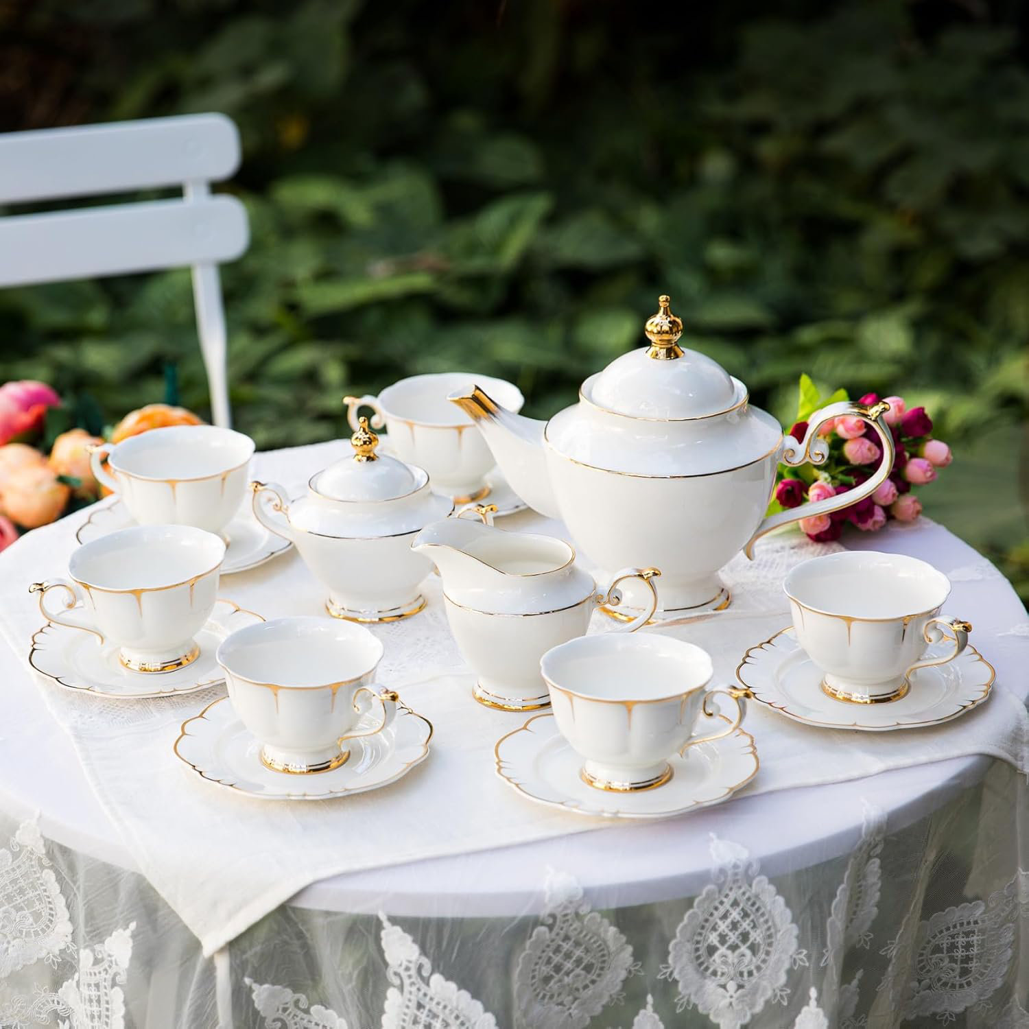 DESGENT White Vintage Tea Sets 21 pieces Bone China Tea Set for 6 | Wayfair