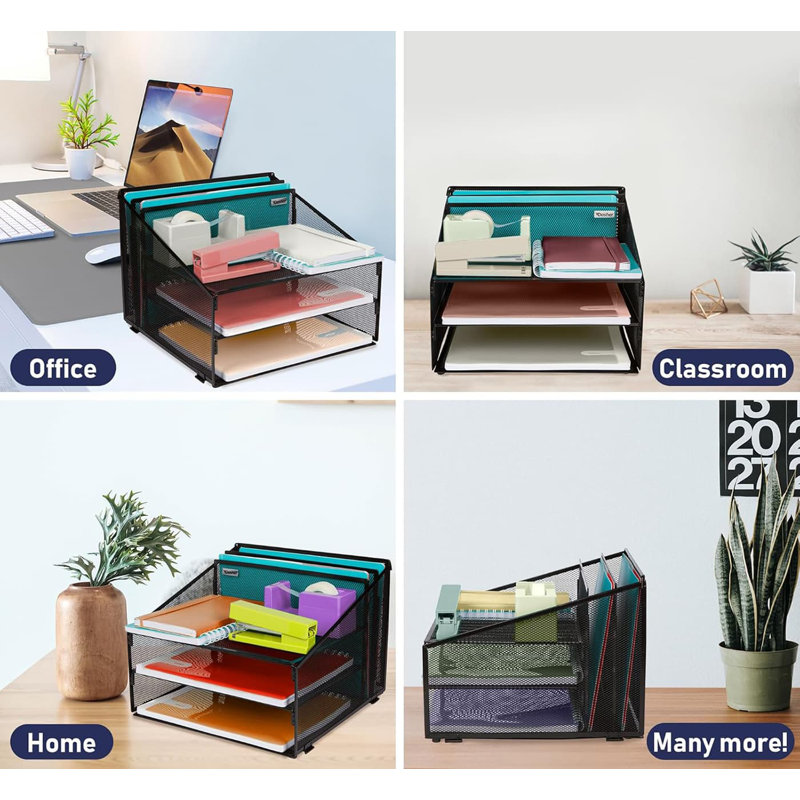 Inbox Zero Black Metal Mesh Desk Organizer - 3 Trays & 2 Upright ...